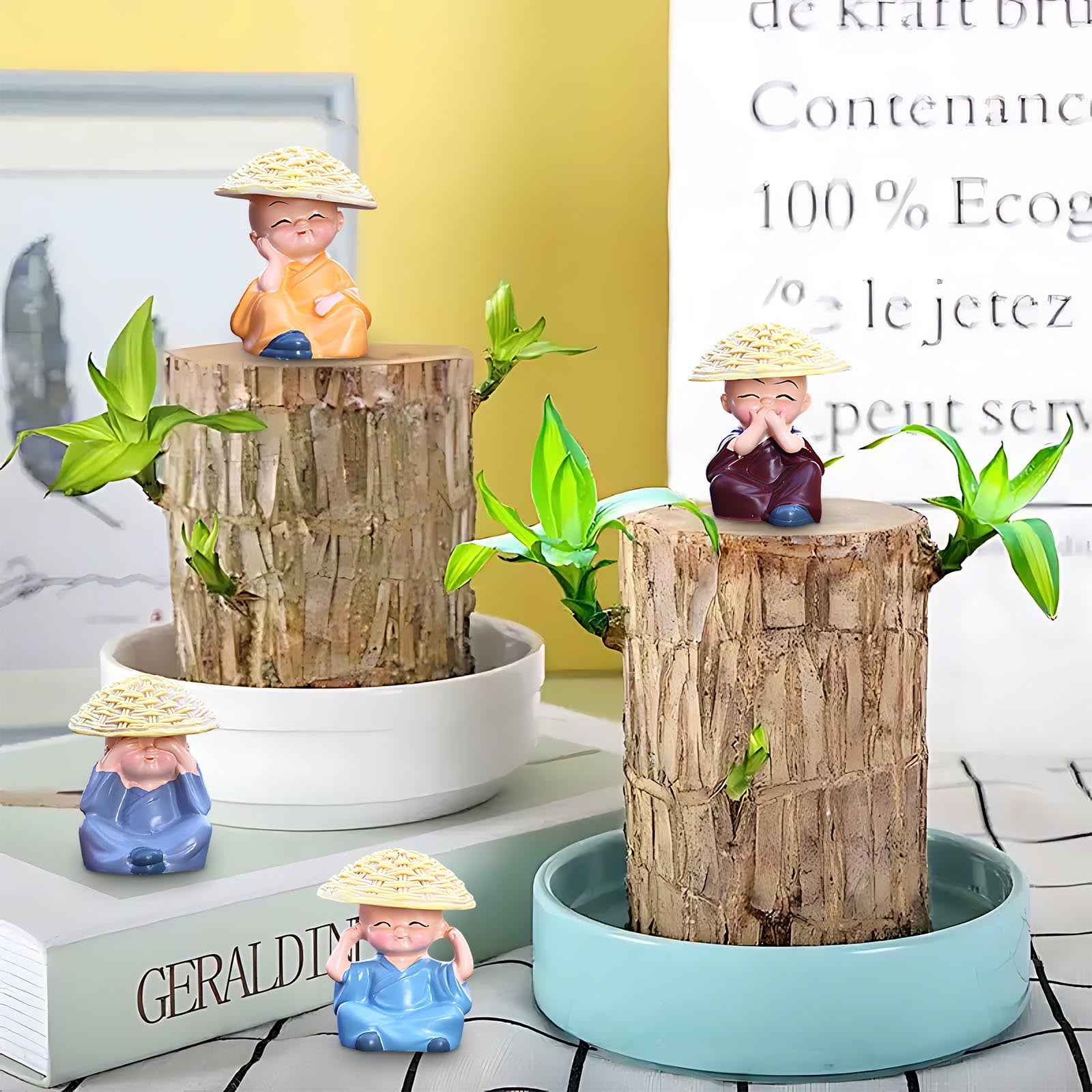 Mini Monk Statue Set | Aquatic Wood Look Green Potted Figurines | Multi ...