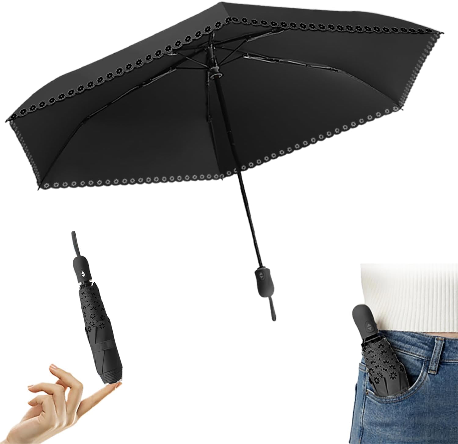 Mini Openwork Floral Trim Travel Folding Umbrella for Women Girls Kids ...