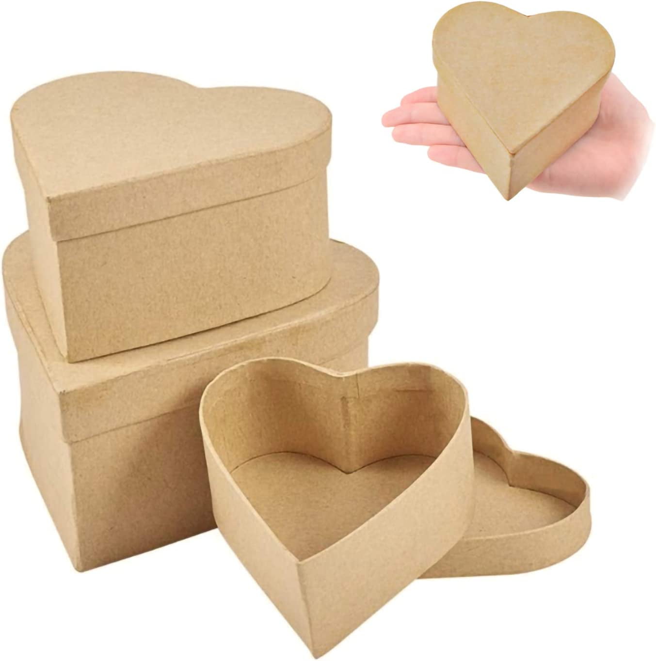 Mini Paper Mache Boxes, 3Pcs Small, Palm-Sized Heart-Shaped Kraft Paper ...