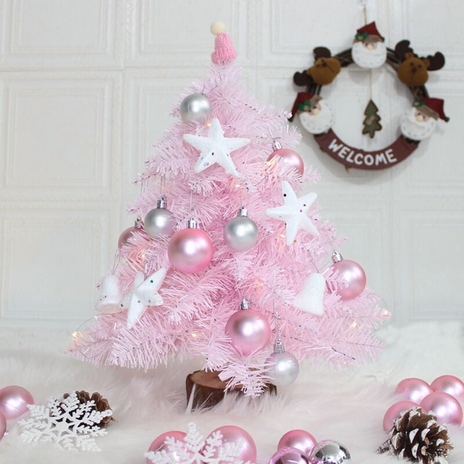 Mini Pink Artificial Christmas Tree with LED Lights and Glitter Balls ...