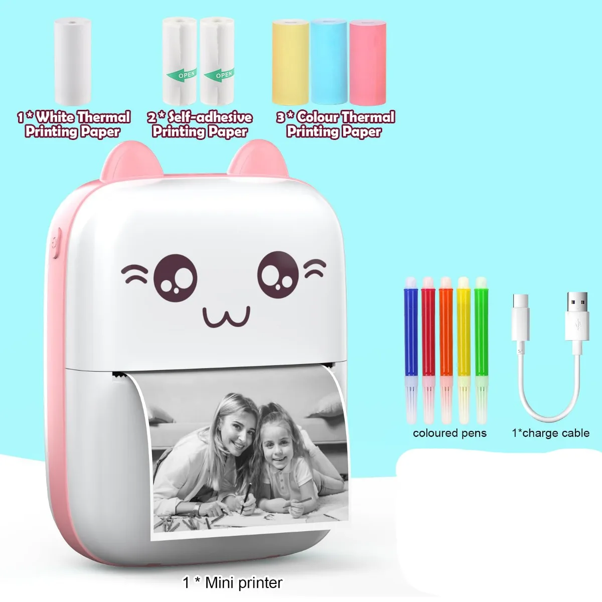 Mini Printer Portable, Inkless Sticker Printer with 6 Rolls Paper ...
