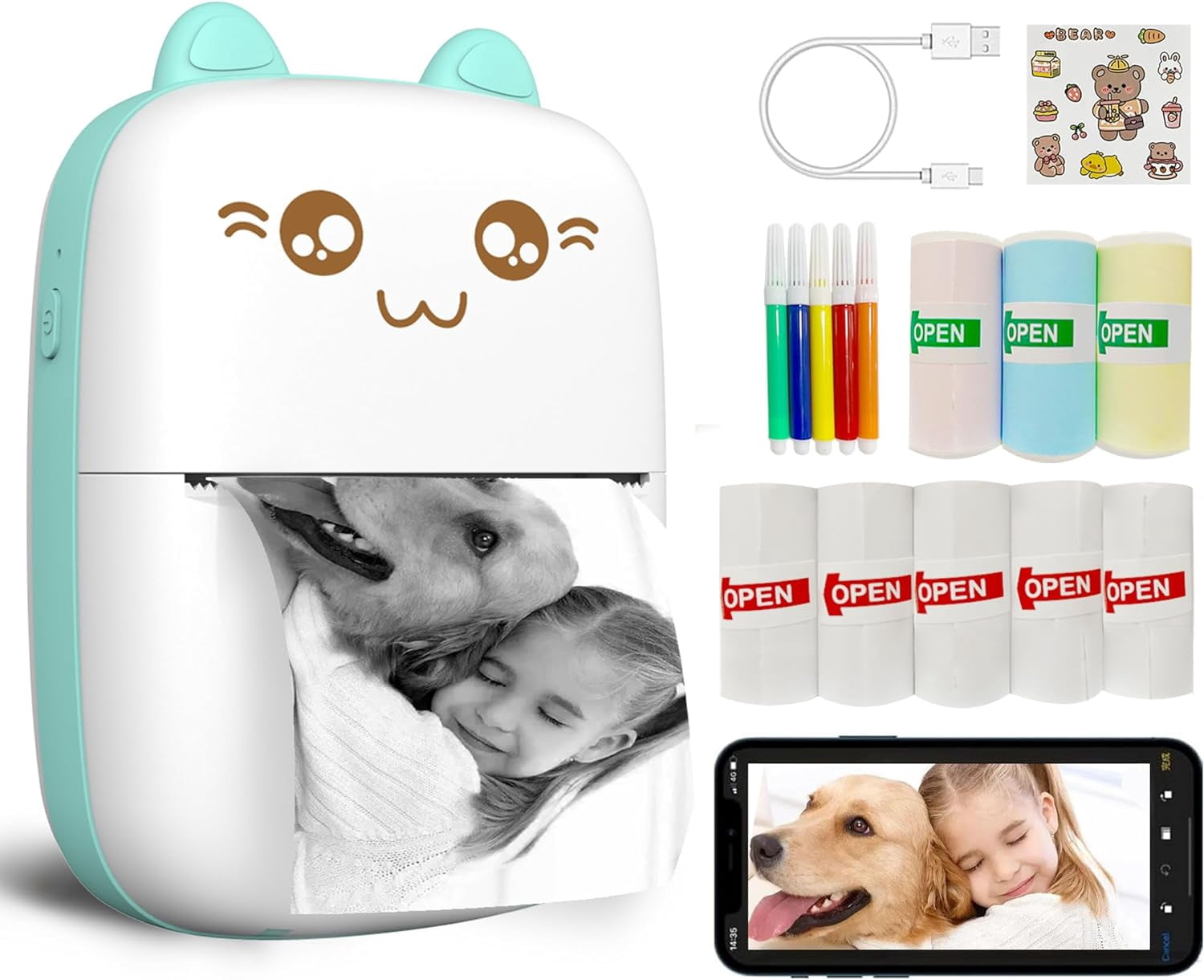Mini Printer Portable, Inkless Sticker printer with 8 Rolls Paper ...