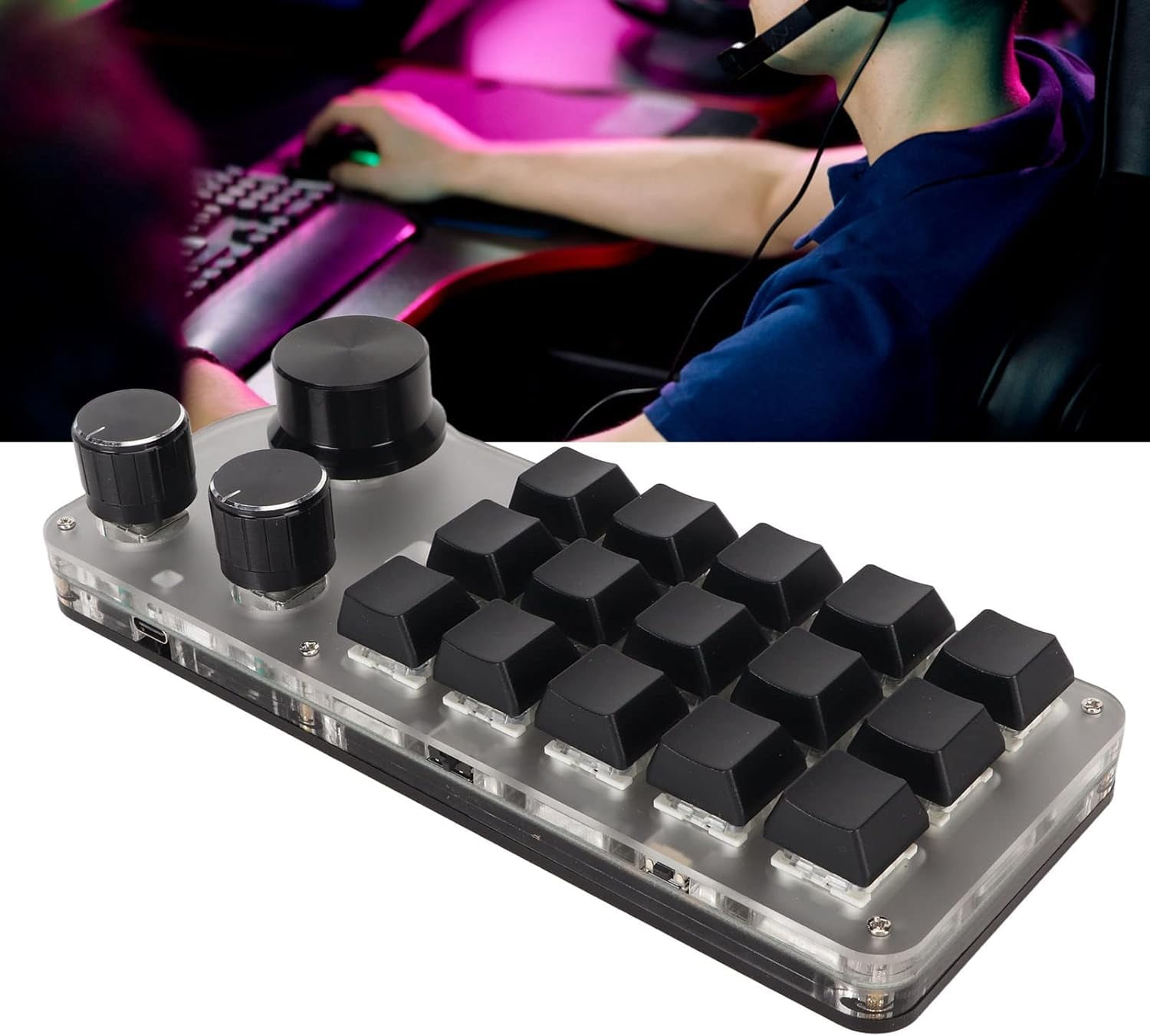Mini Programmable Keypad, 15 Keys Type C Wired One Handed Mechanical Keyboard with 3 Knobs for ...
