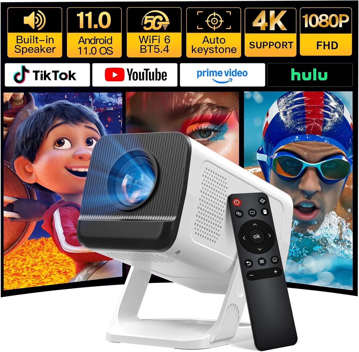 Mini Projector with Wi 6 and Bluetooth 5.4 Built-in Apps for Bedroom ...