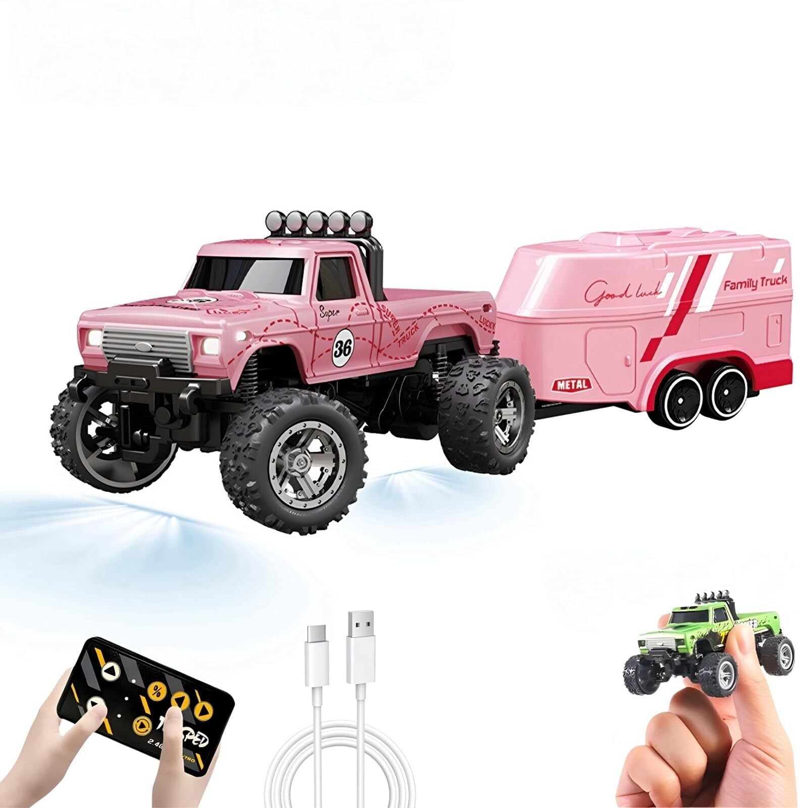 Mini RC Car, 1/64 Scale Mini Remote Control Monster Truck with Trailer ...
