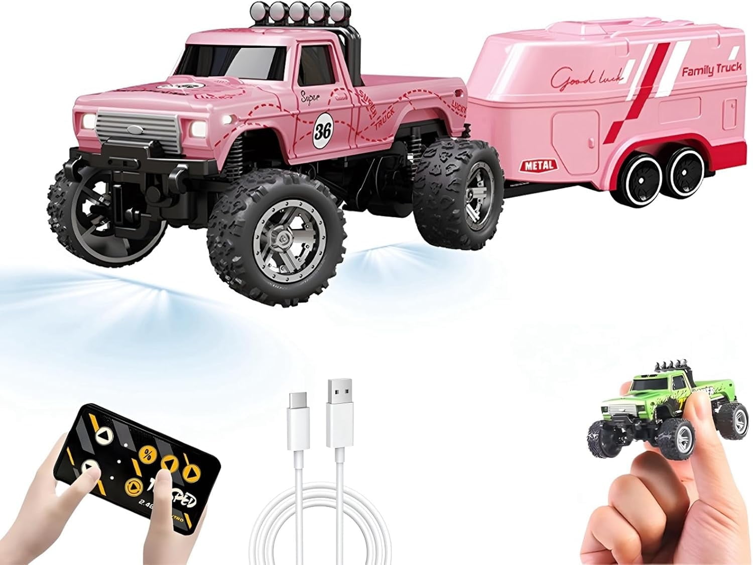 Mini RC Car, 1/64 Scale Mini Remote Control Monster Truck with Trailer ...