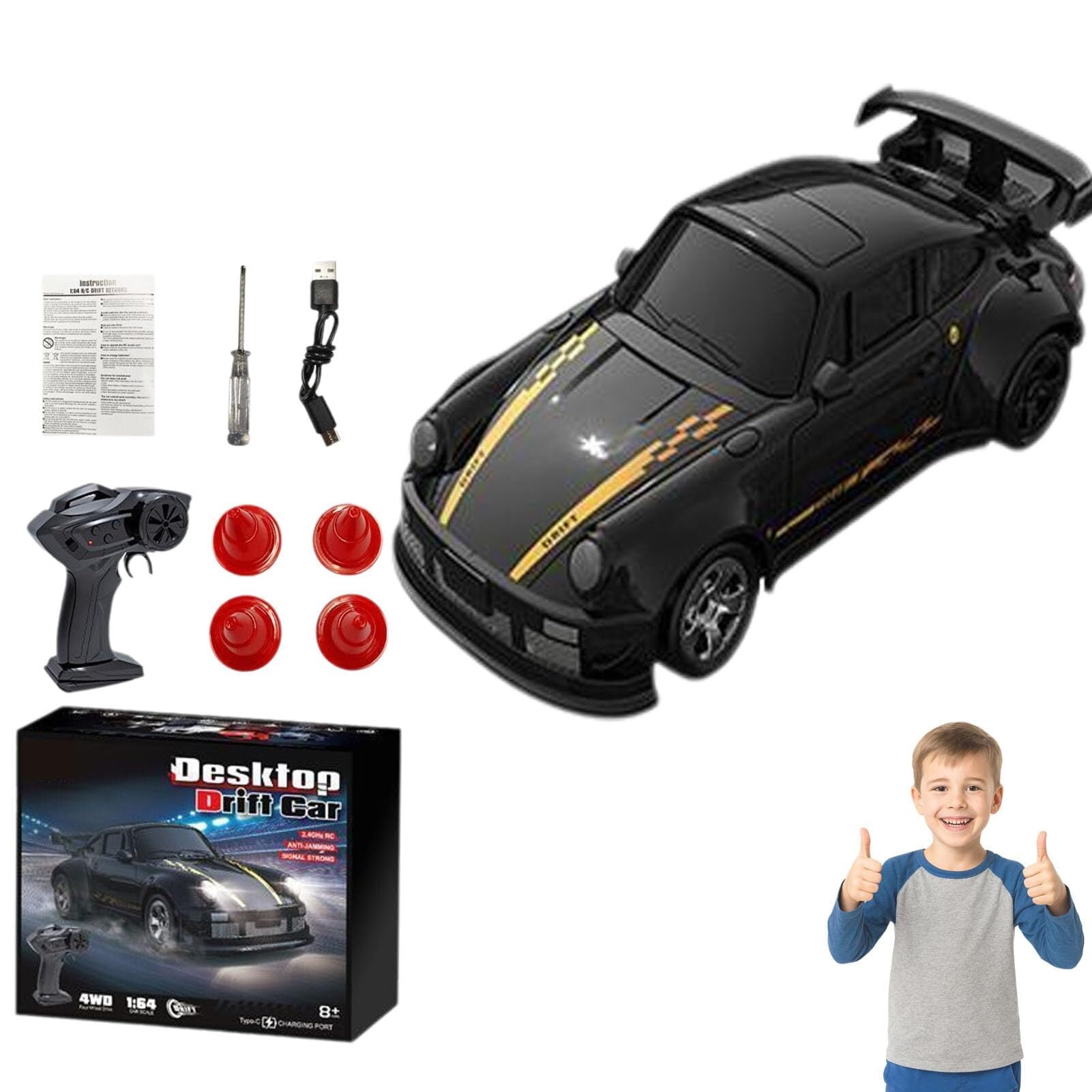 Mini RC Drift Car 1/64, Tabletop Rc Drift Car Set with LED Lights and 2 ...
