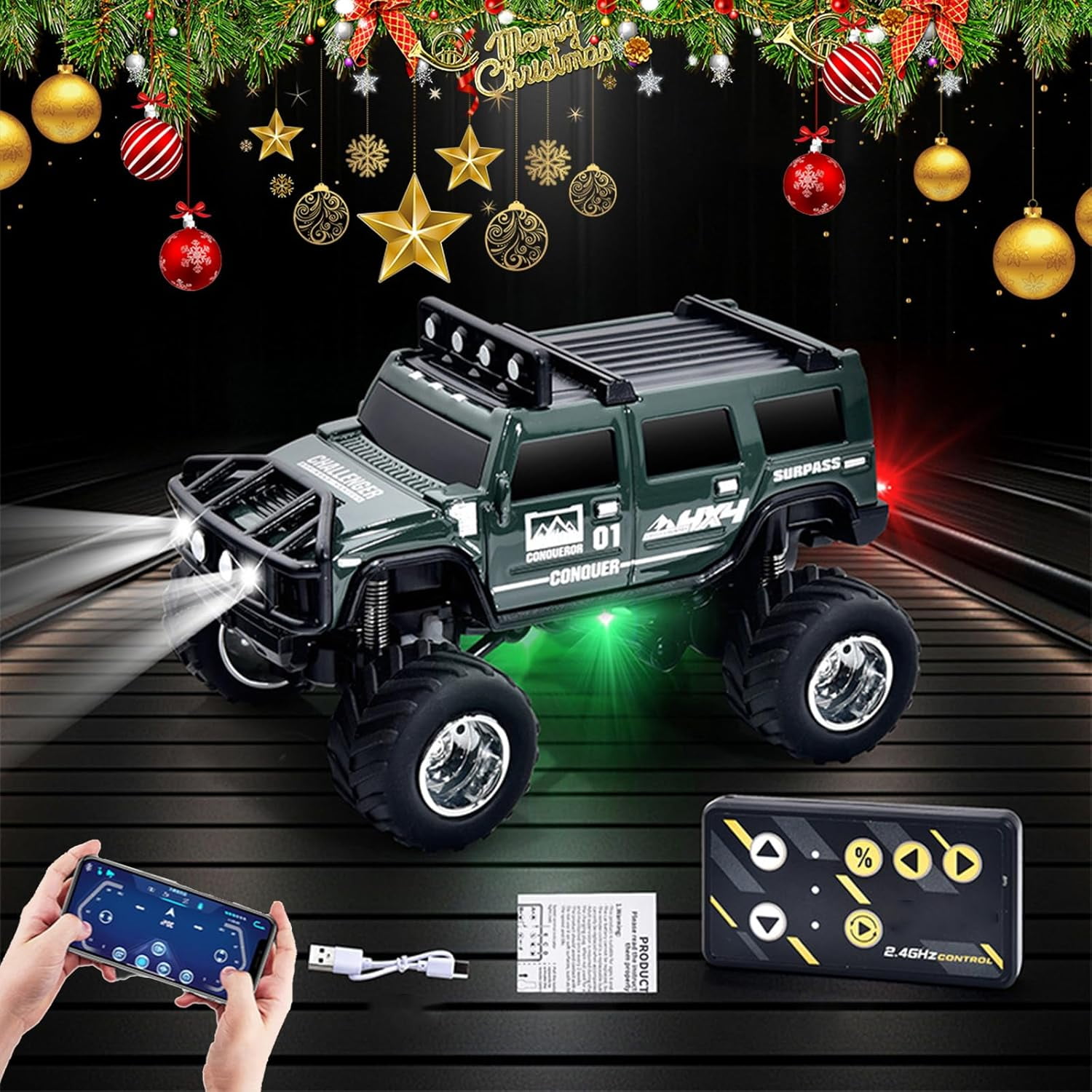 Mini RC Off-Road Truck with Lights, 1/64 Mini RC Car, 2.4Ghz Remote and ...