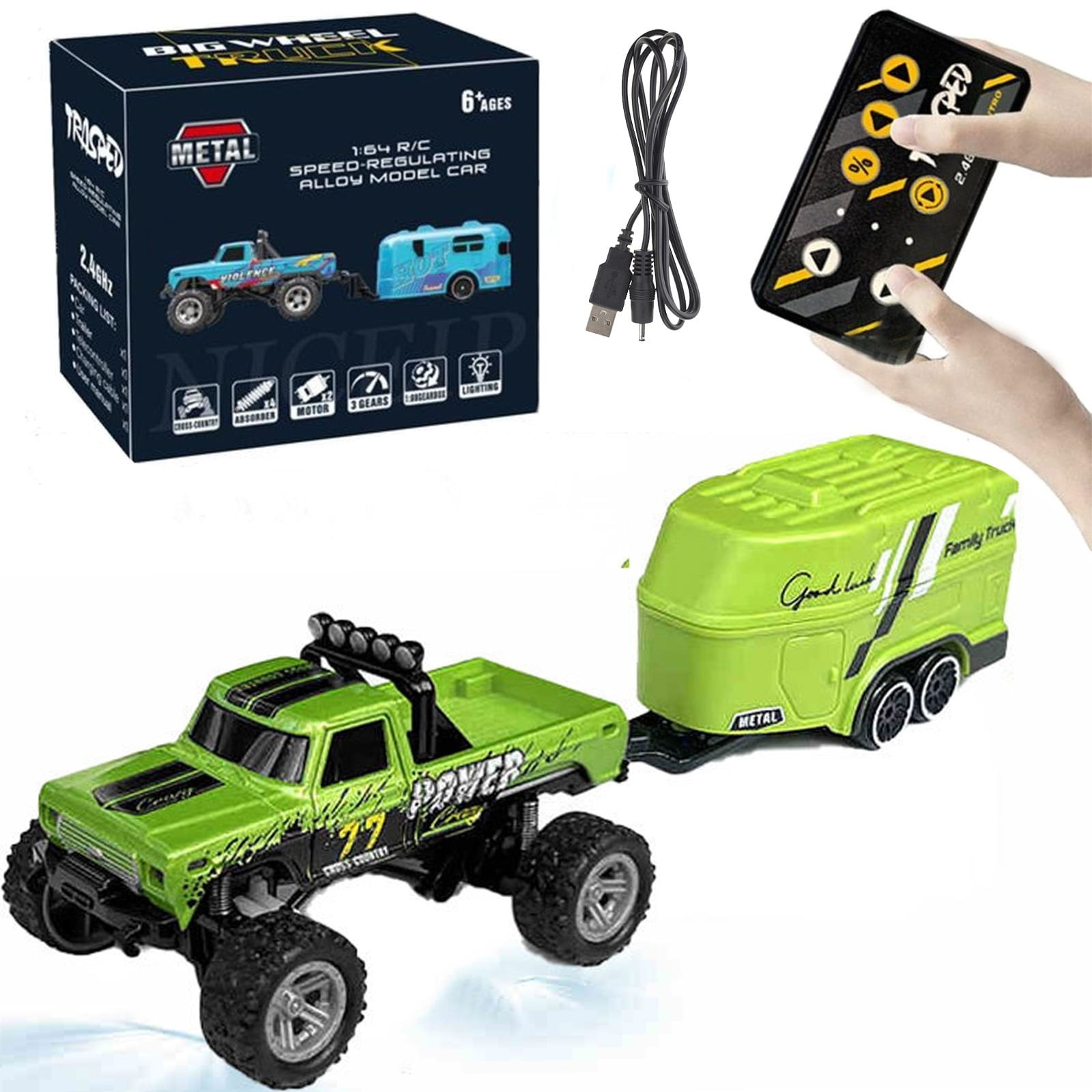 Mini Rc Monster Truck, Small Remote Control Car with Trailer, 1/64 ...