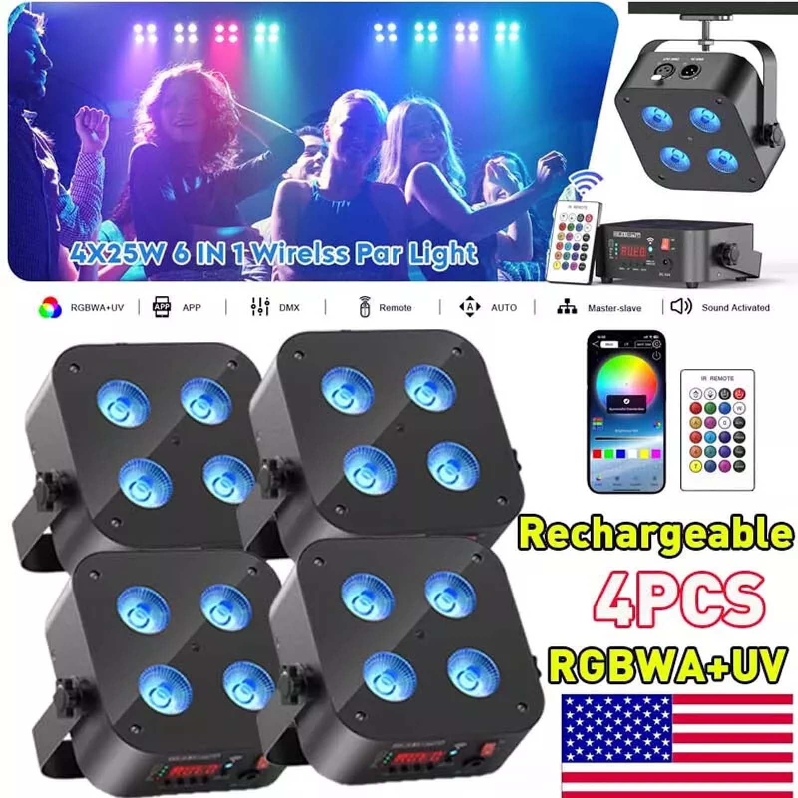Mini Rechargeable Par Lights, 4 * 18W RGBWA UV 6 in 1 Battery Powered ...