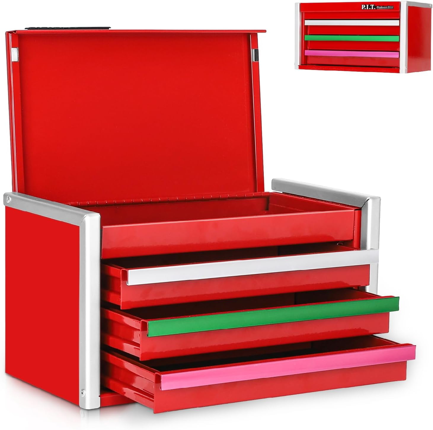 Mini Red Tool Box, Portable 3 Colorful Drawer Steel Tool Box with ...