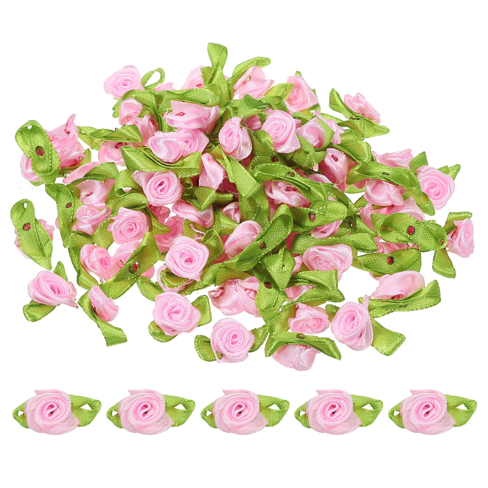 Mini Ribbon Roses Tiny Satin Fabric Flowers with Green Leaves ...