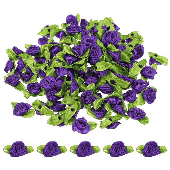 Uxcell Mini Satin Ribbon Roses Small Rosettes Fabric Flowers with Green ...