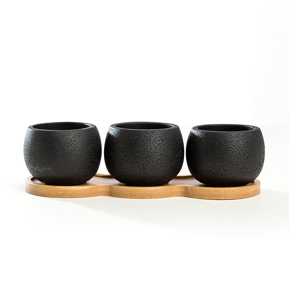 Mini Round Cement Plant Pots with Bamboo Saucer, Set of 3 pots, Color ...