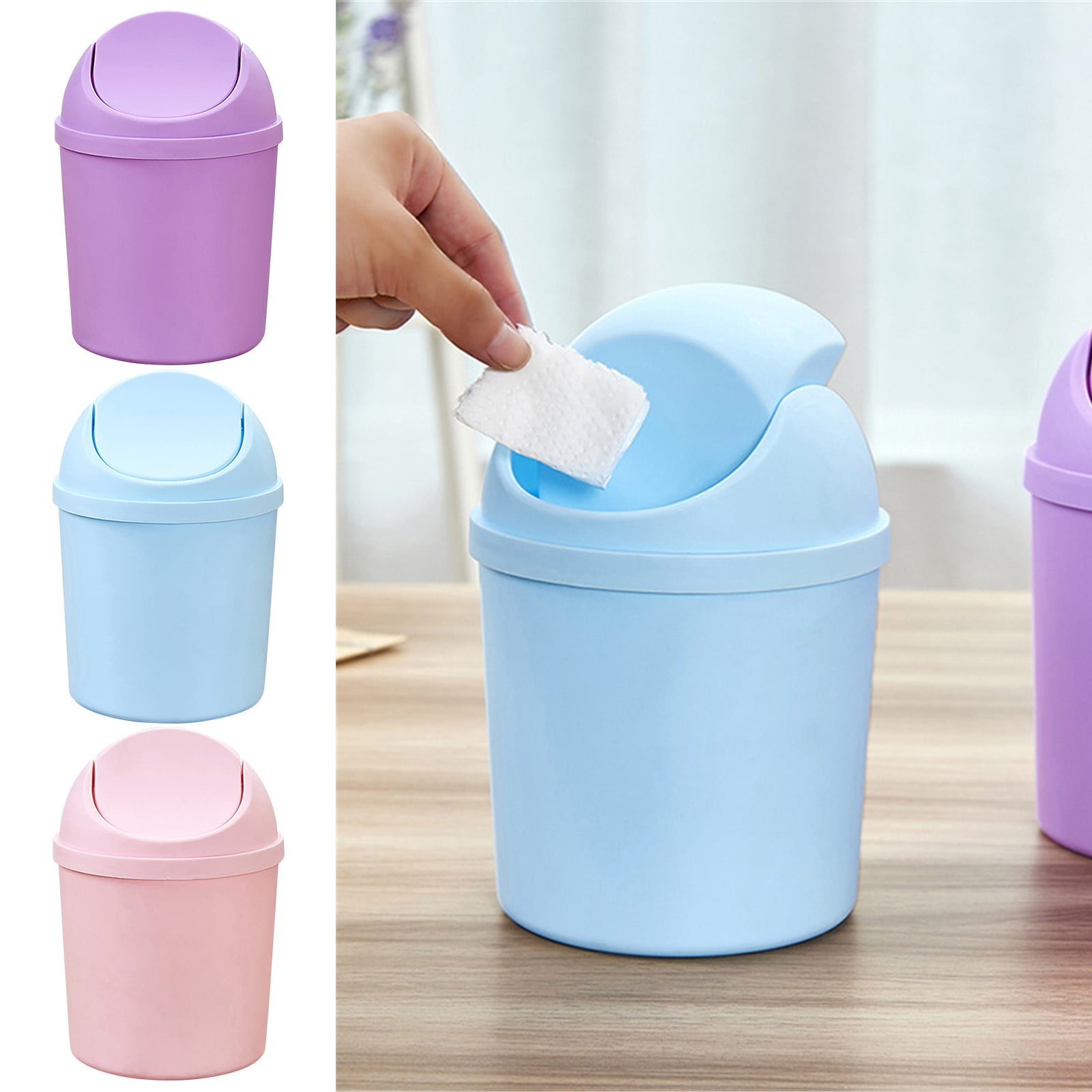 Mini Round Plastic Trash Can with Swing Lid, Multi-Functional Desktop ...