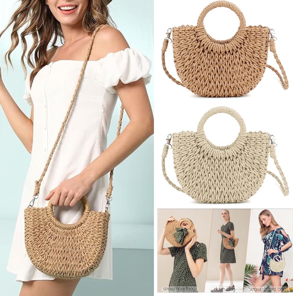 Mini Semi-circle Rattan Straw Bag, Hand-woven Women Summer Retro Beach ...