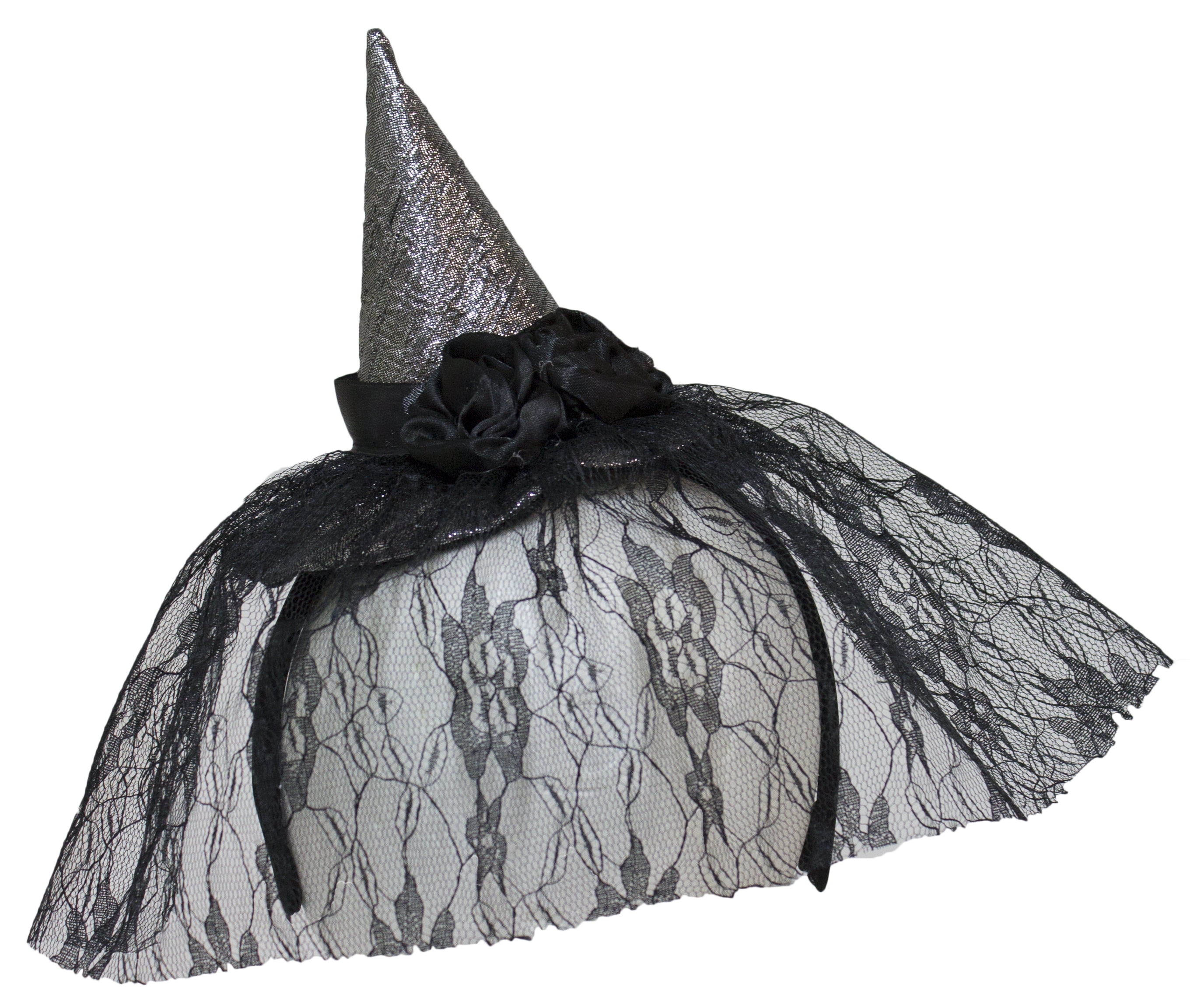Mini Silver Witch Hat Headband w/ Flowers and Lace Veil - Walmart.com