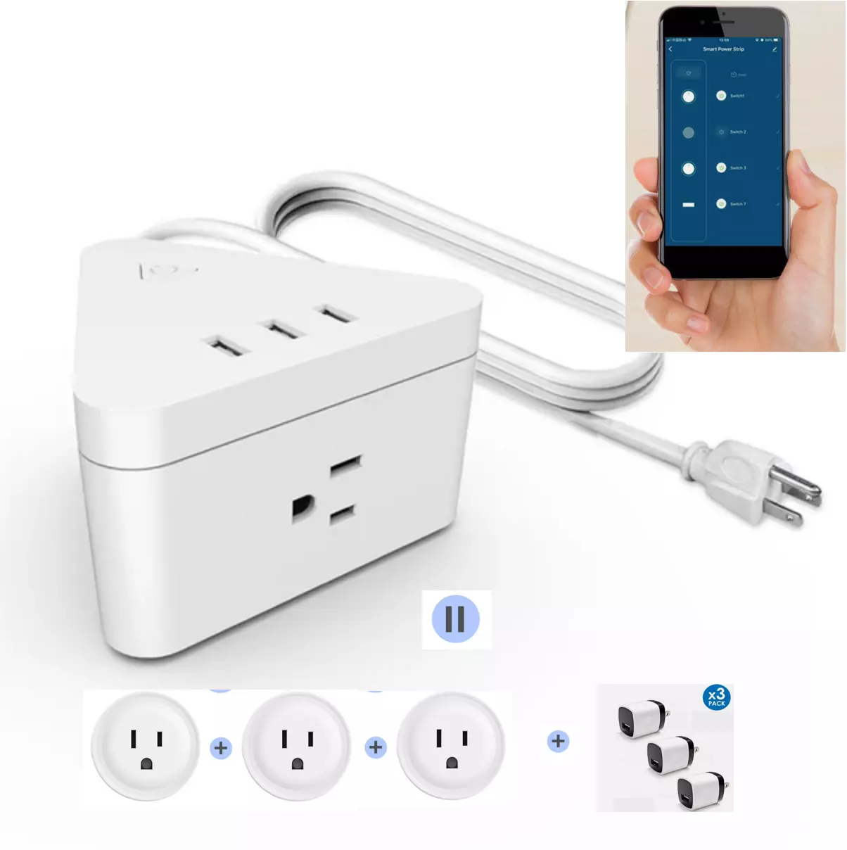 Mini Smart Power Strip Plug 3Charging Port 3USB Work With Alexa Google ...