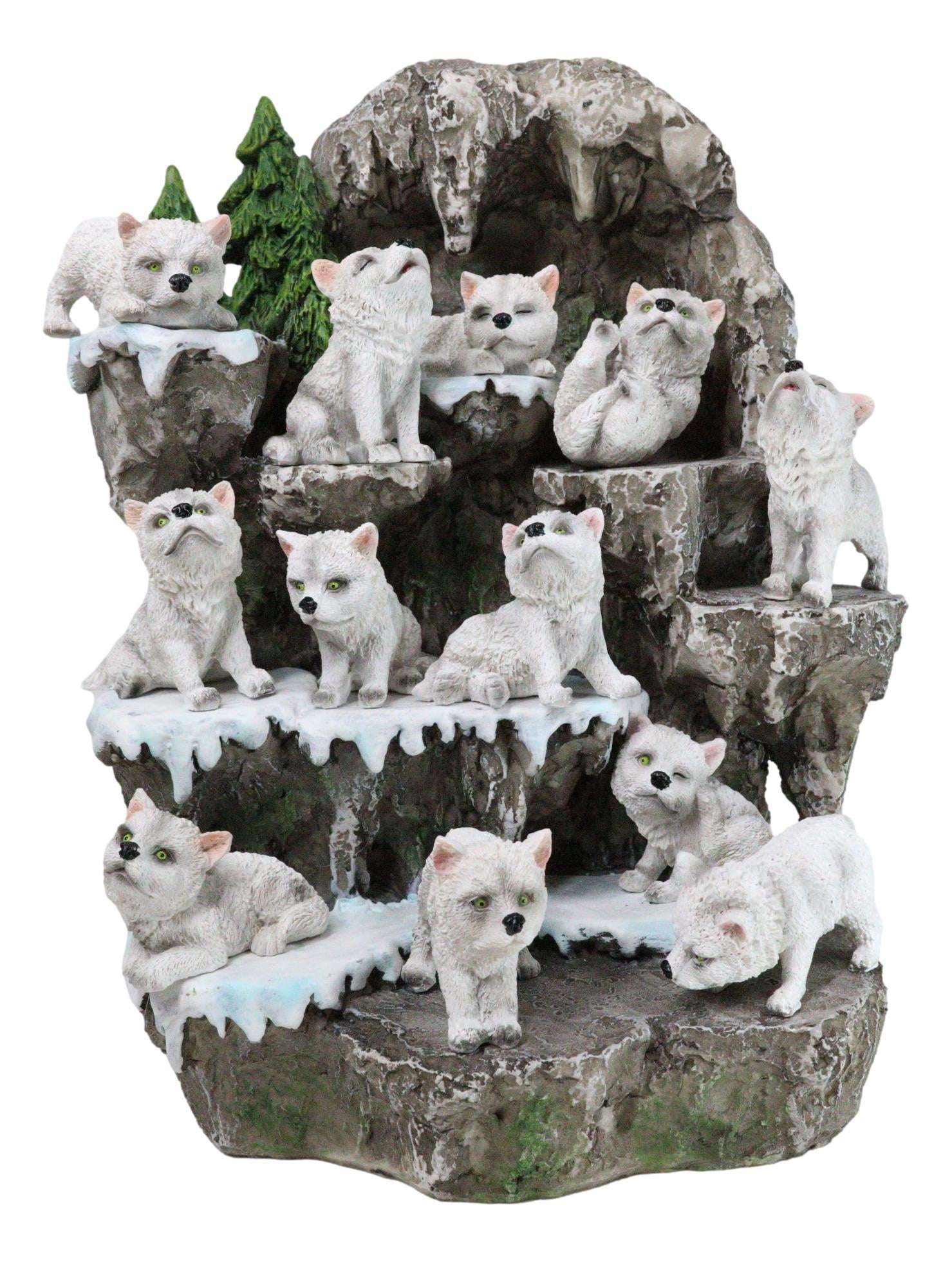 Mini Snow Wolf Pups On Wolf Den Rocky Cave Lair Display Stand Figurines ...