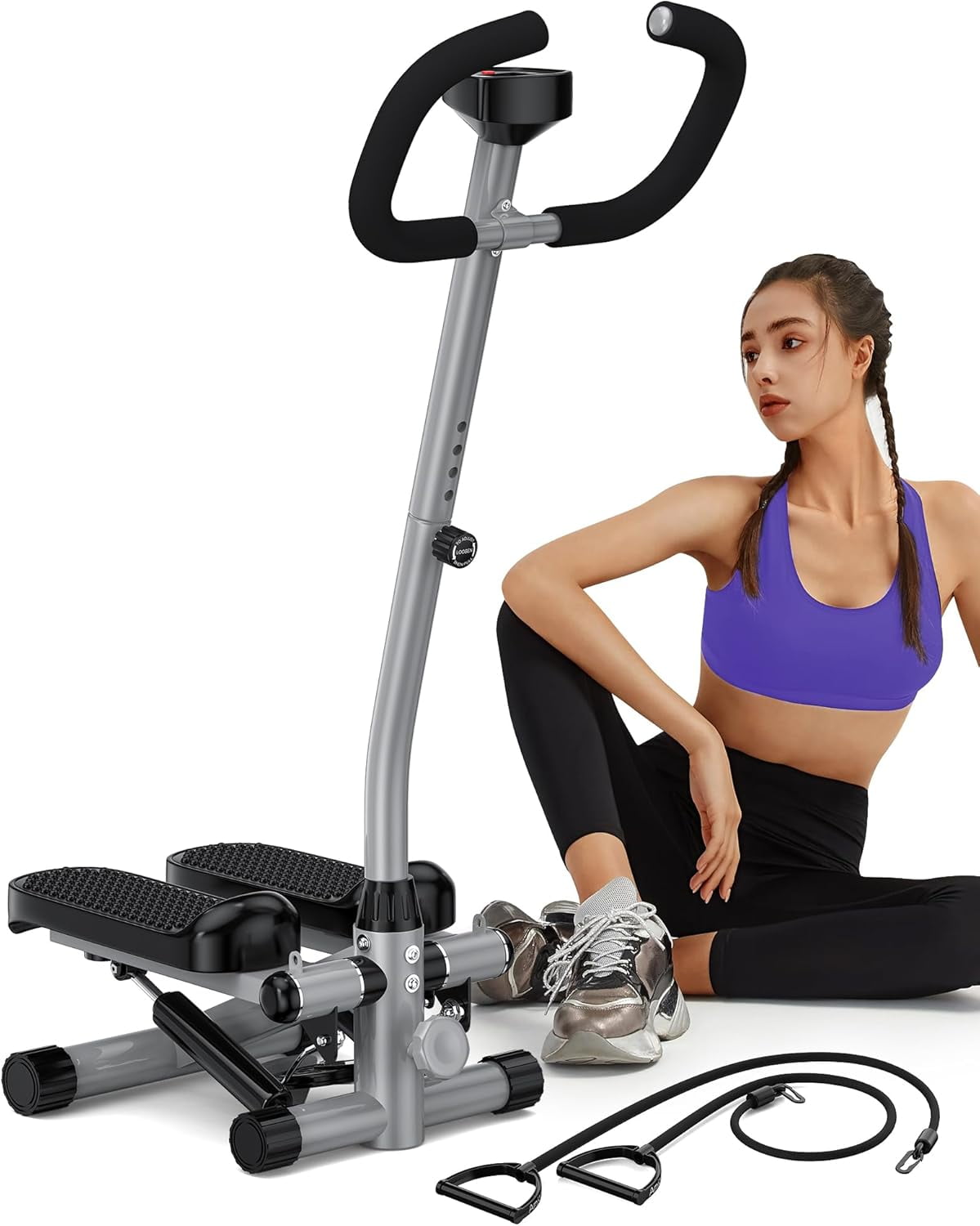 Mini Stepper for Exercise, Adjustable Height Hydraulic Stair Steppers with Resistance Band for ...