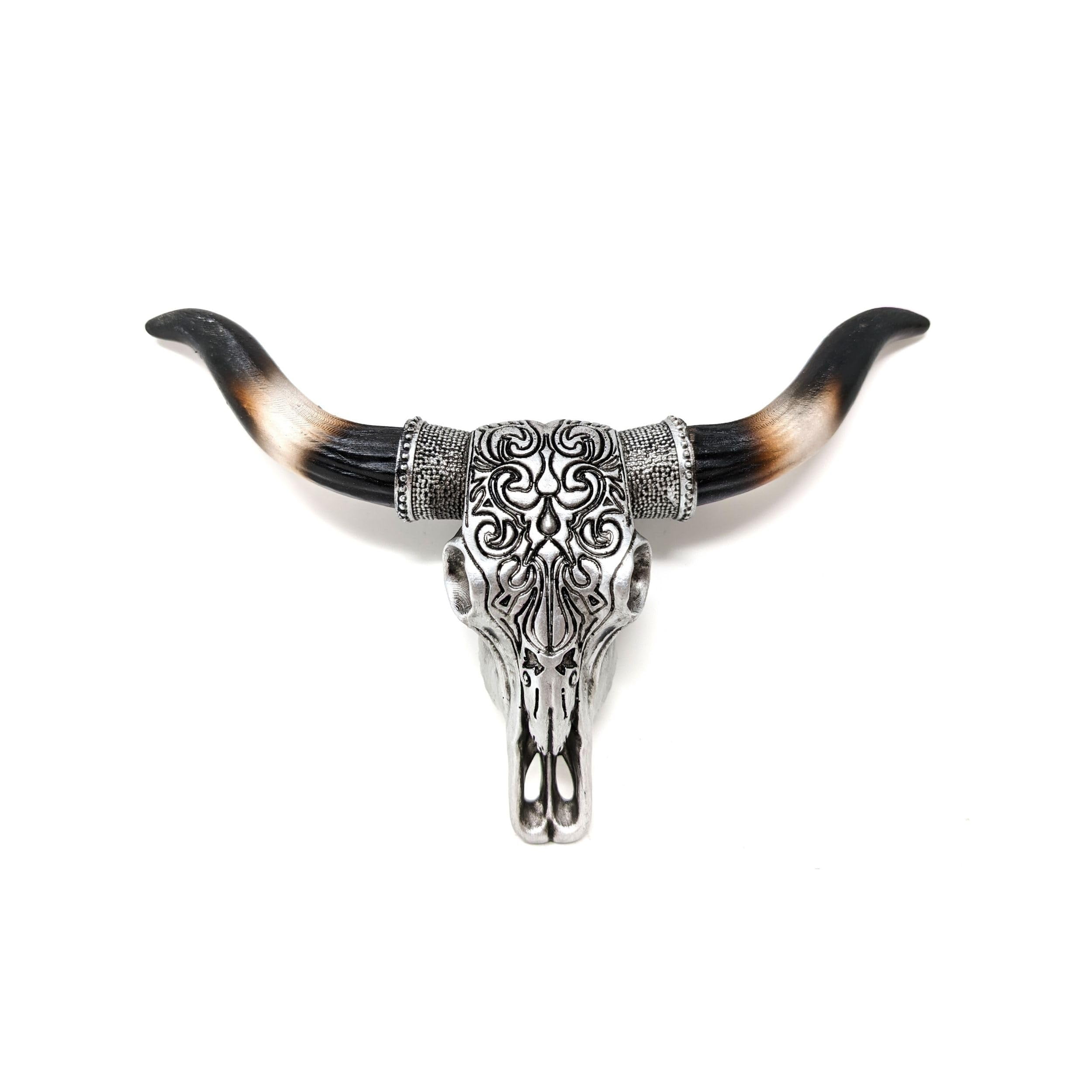 Mini Tooled Bull Skull Wall Sculpture | Silver Scrolls Design | Rustic ...