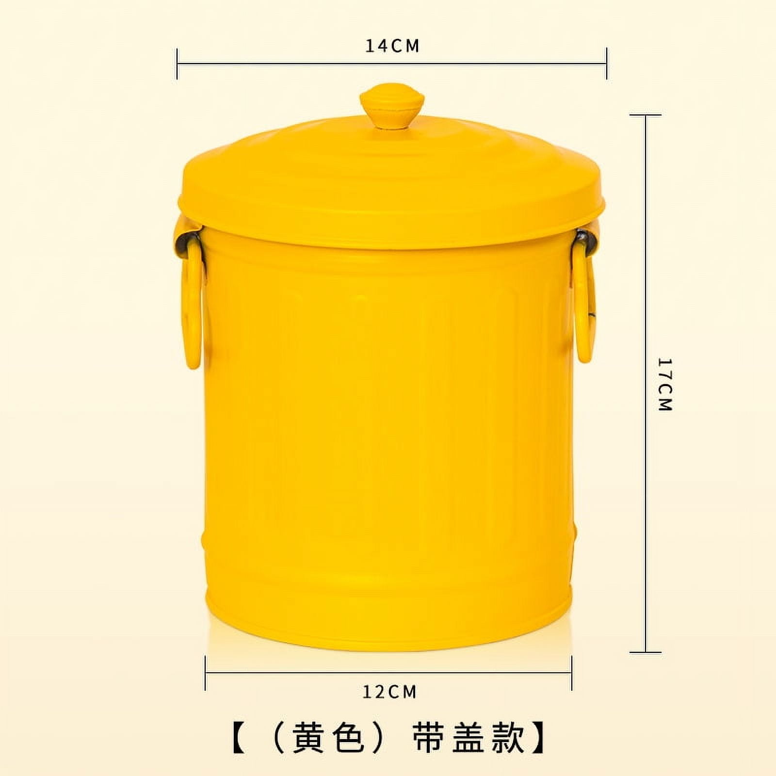 Cute Yellow Trash Can with Lid for Home Compact Iron Bin Fits Small ...
