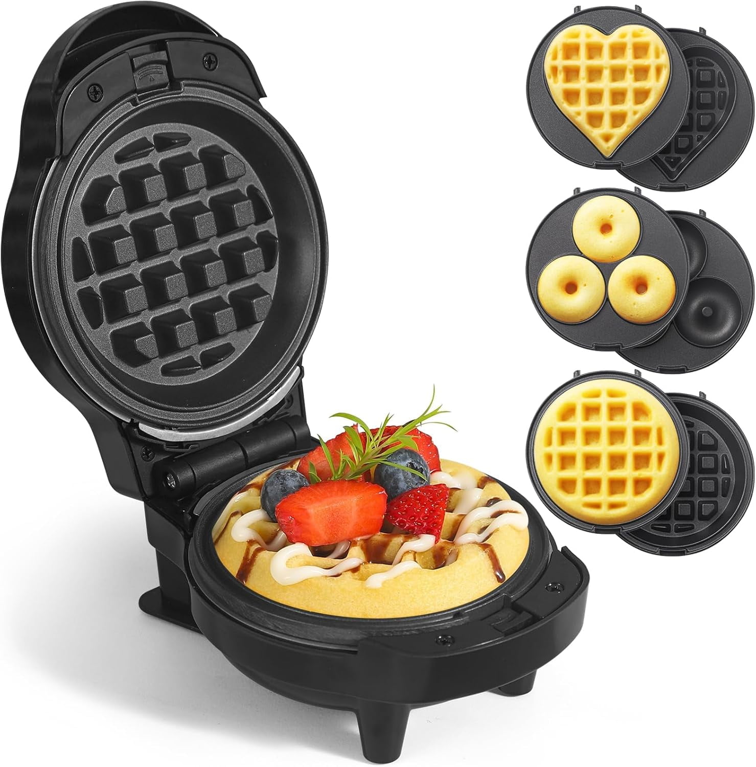 Mini Waffles Maker with 6 Removable Plates, 3 in 1 Small Waffle Maker ...