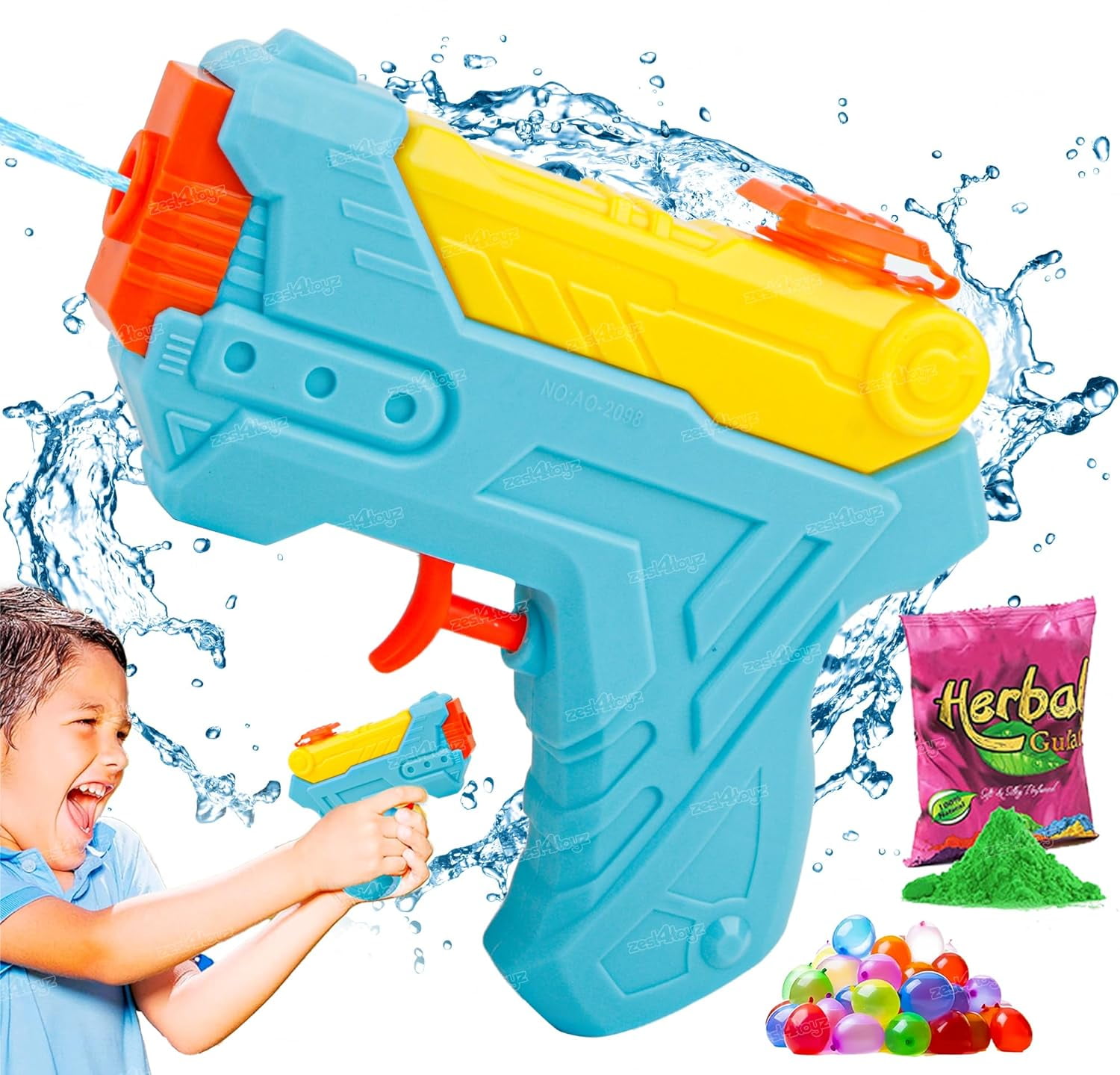 Mini Water Guns With 1 Packet Herbal Gulal + 100 Water Balloons ...