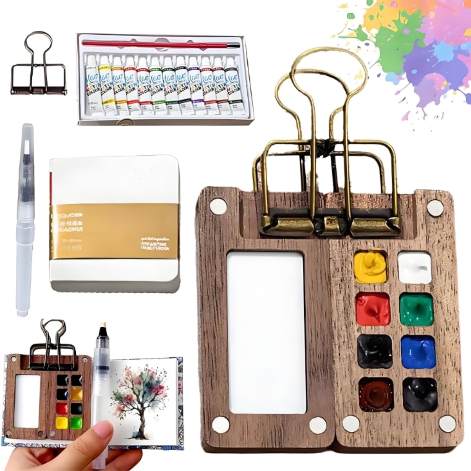 Mini Watercolor Kit , Portable Wooden Grid Paint Bo for Artists ...