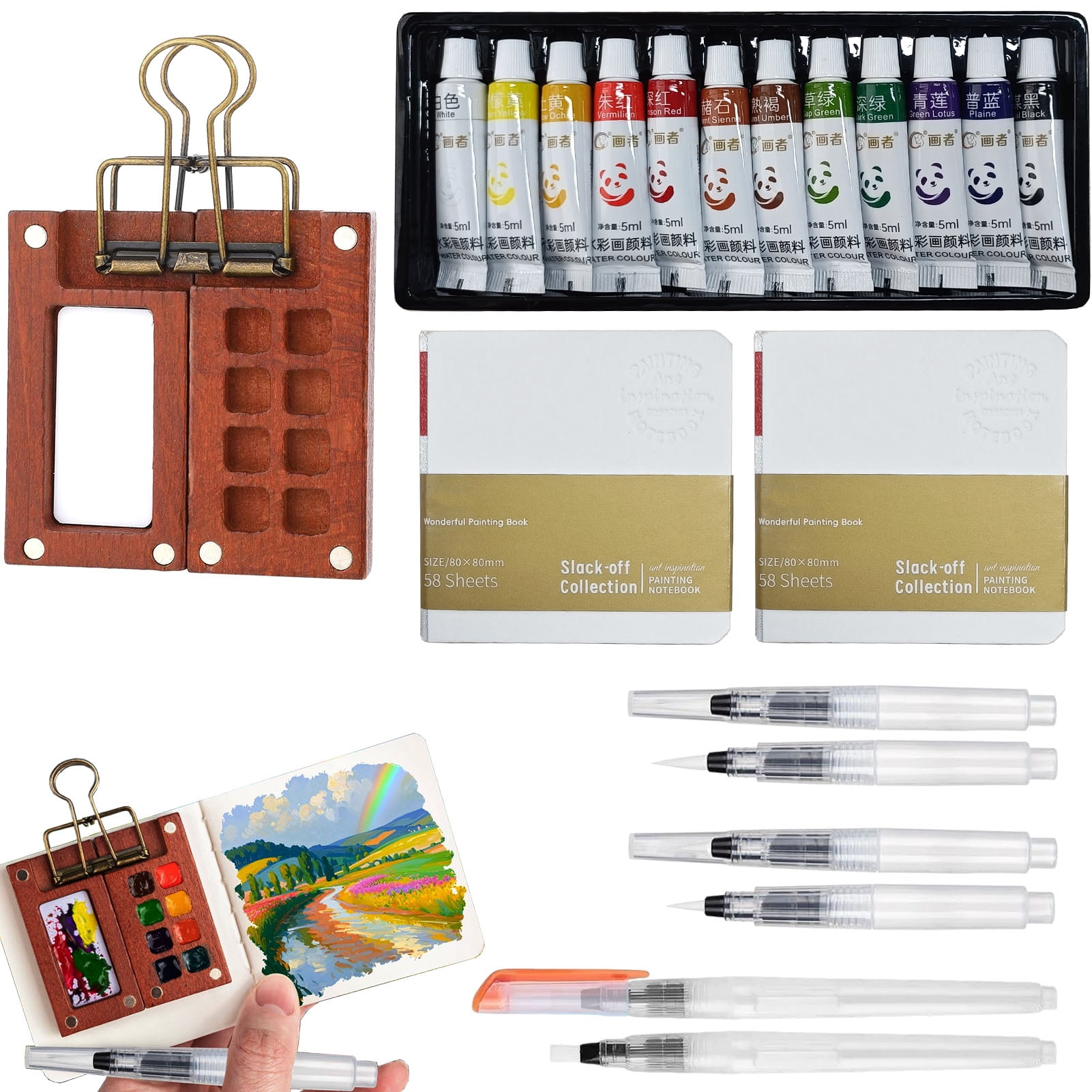 Mini Watercolor Paint Set, with 1 Walnut Wood Palette (8 Grids), 12 ...