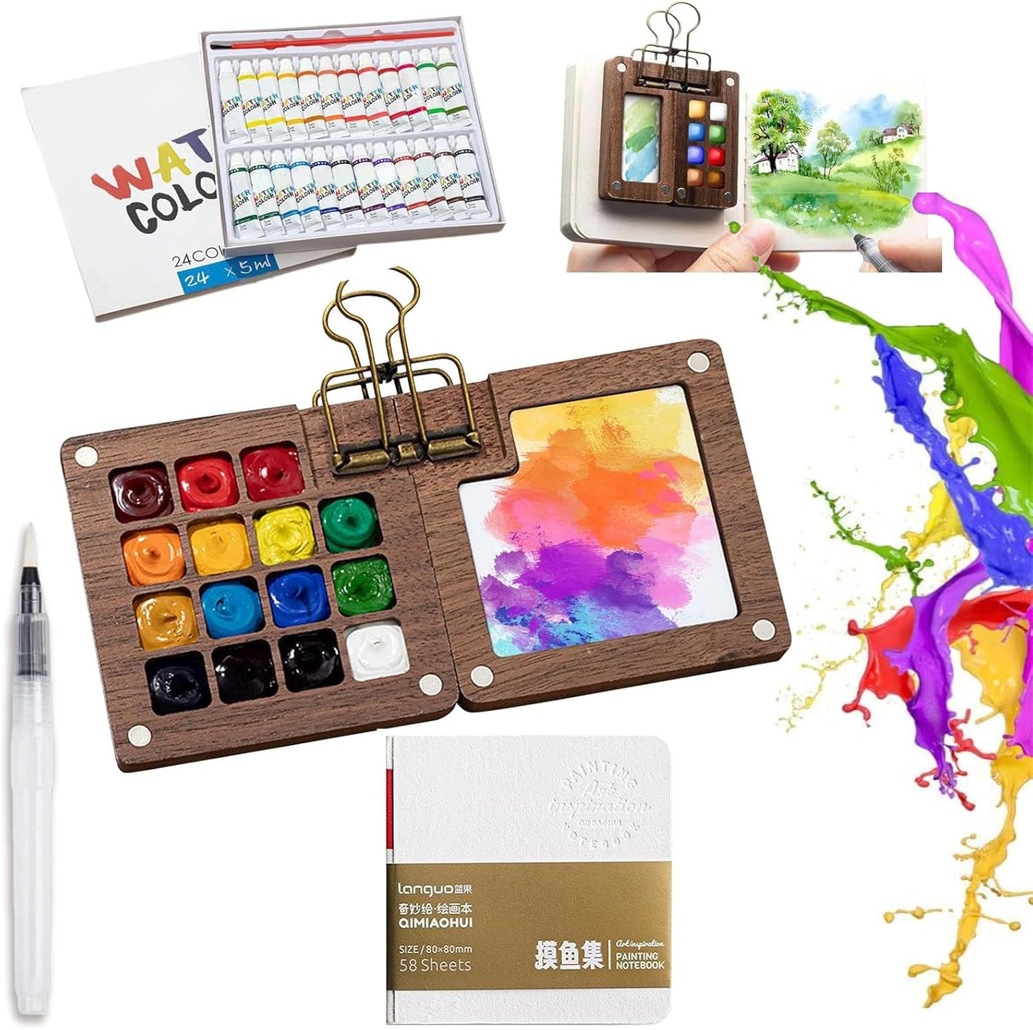 Mini Watercolor Paint Set, Portable Mini Watercolor Travel Set, 24 ...