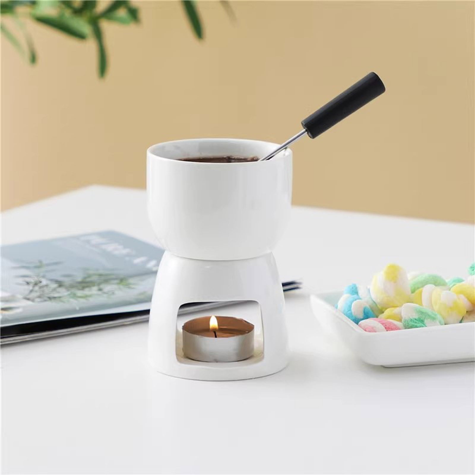 Mini White Ceramic Fondue Pot Set with 2 Forks, 4.33 inch Personal ...