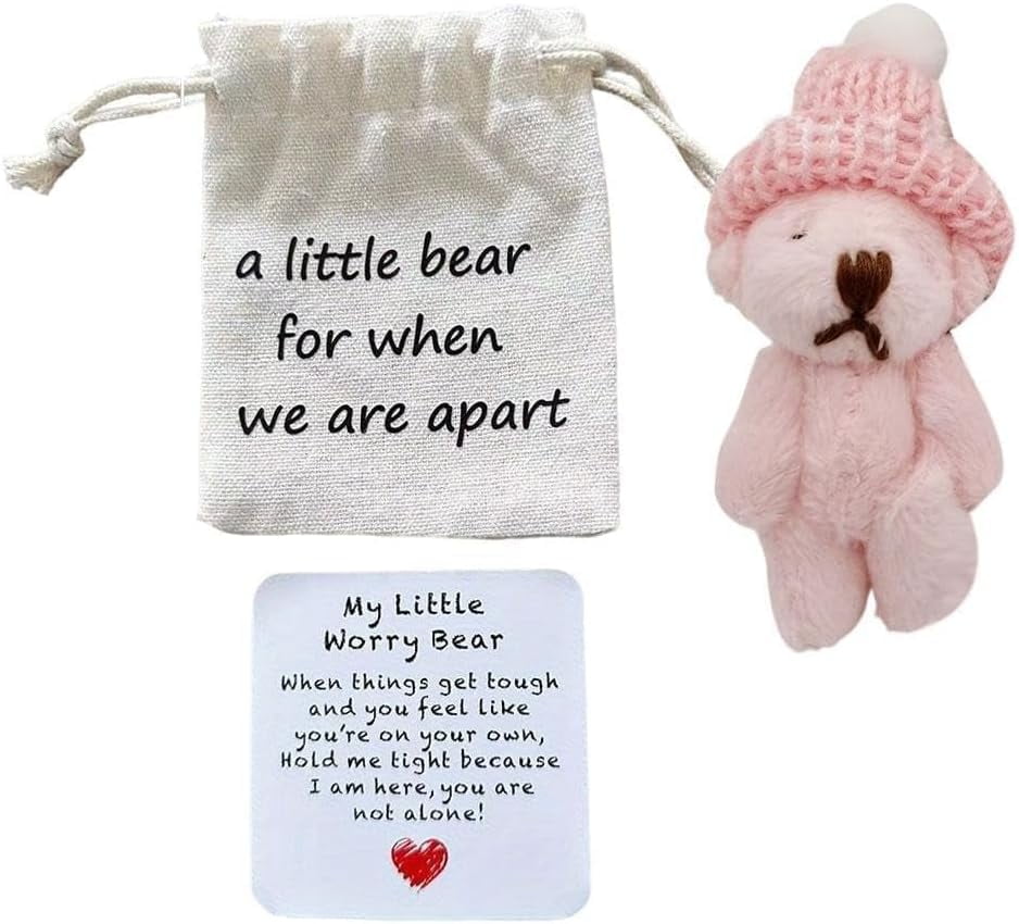 Mini Worry Bear with Hat, Plush Pocket Bear Gift Set with Inspirational ...