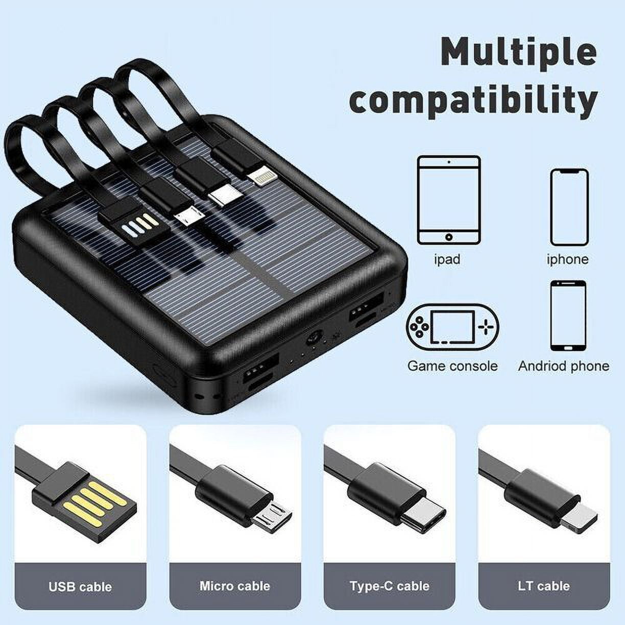 Mini portable power bank 20000mAh Built-in 4 cables, dual USB ports ...