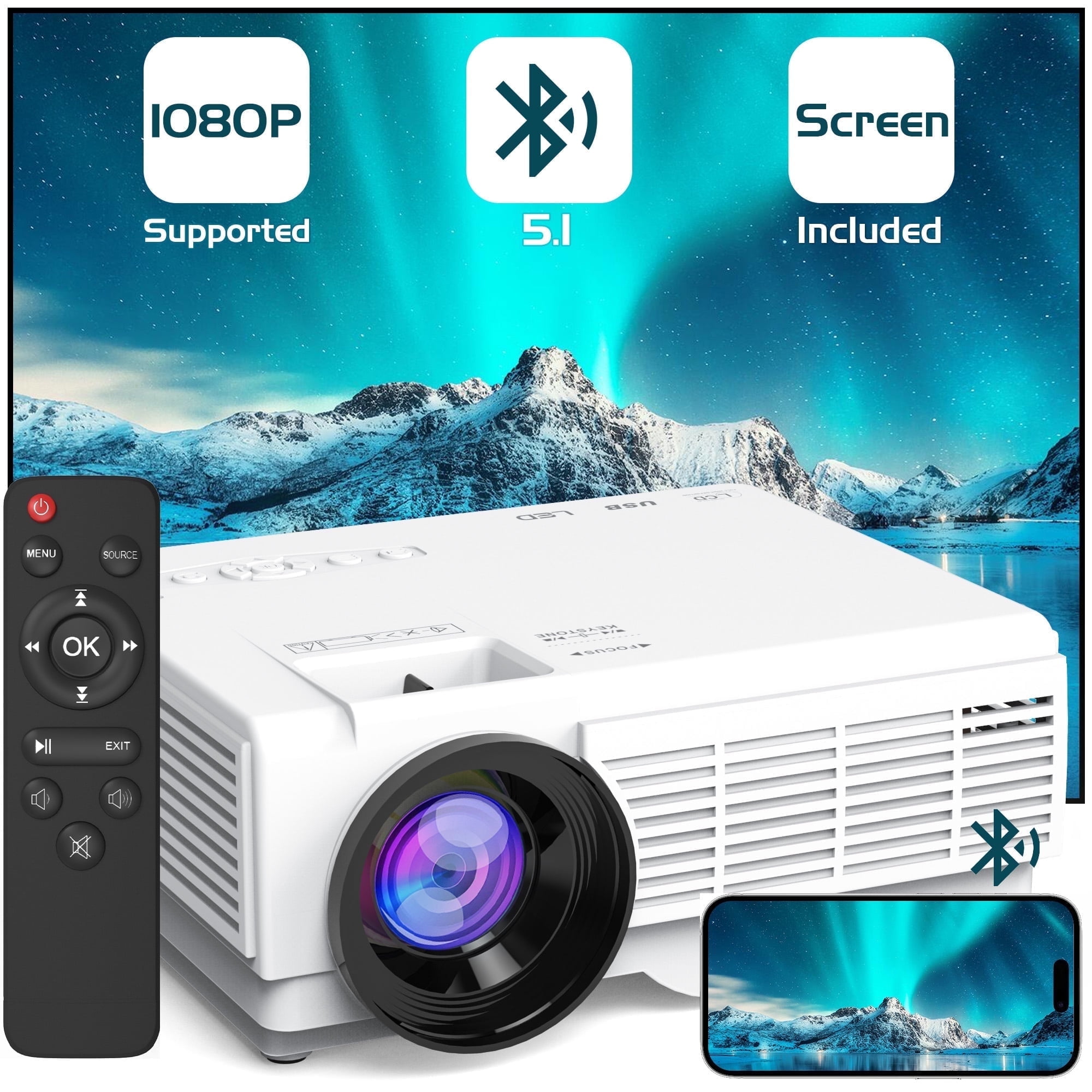 Mini Projector with Bluetooth 5.1, 1080P Supported, Compact Portable ...