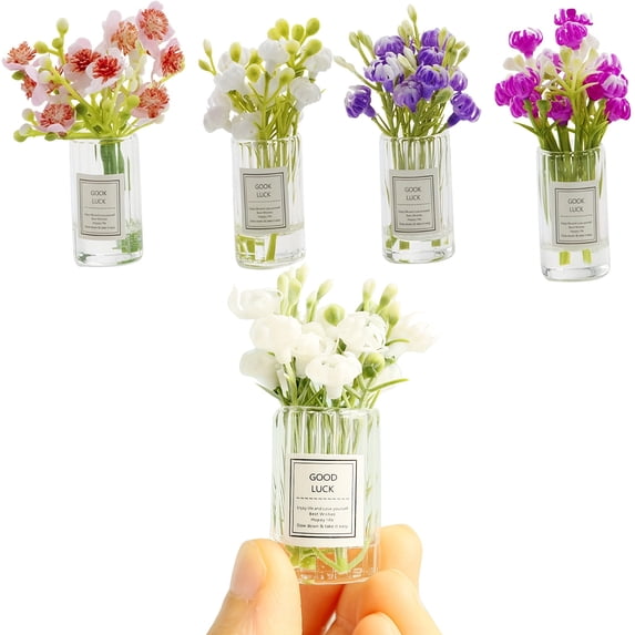 JARENGO Miniature Flowers with Vase Dollhouse Glass Vase 1:6 Scale (Set ...