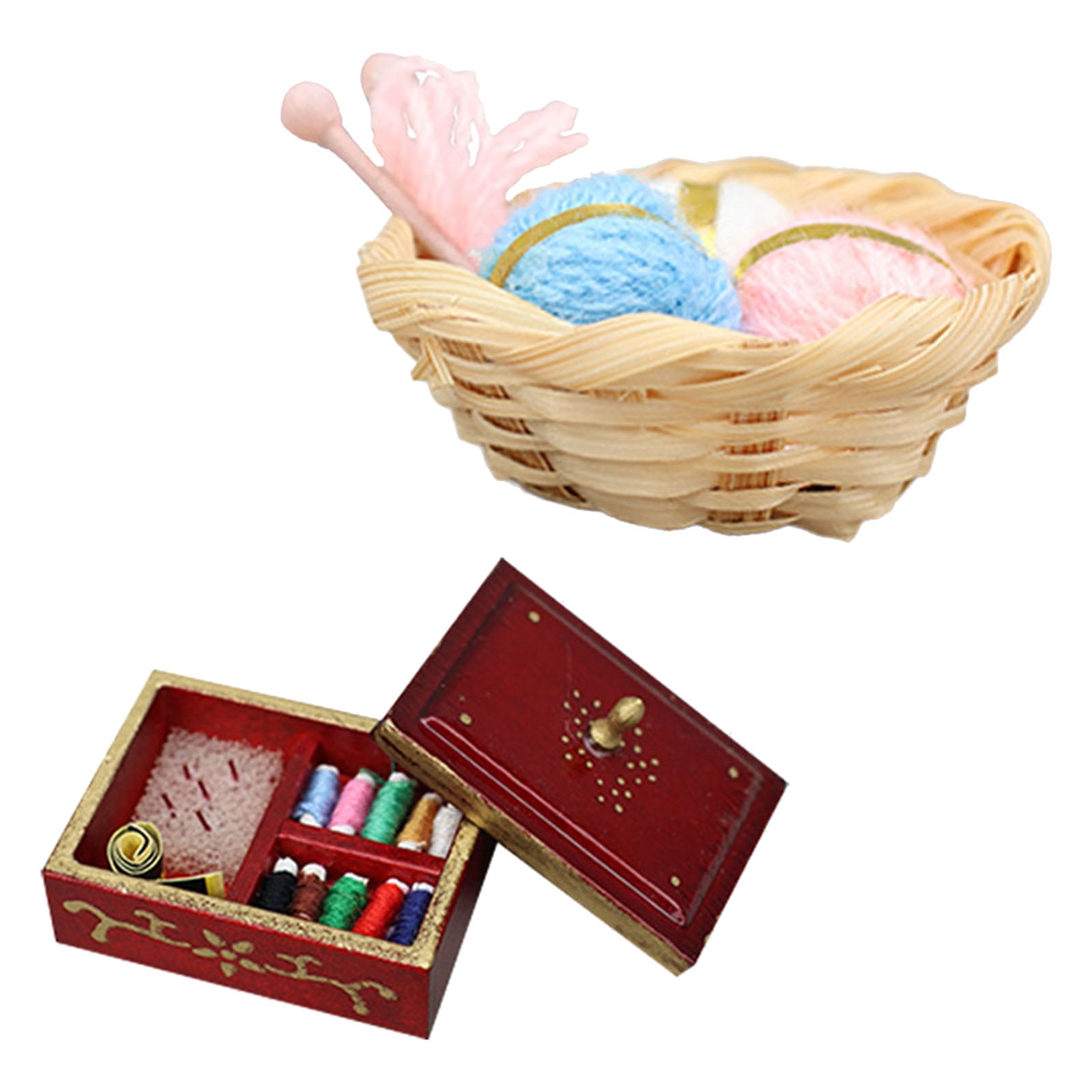 Miniature Sewing Box Yarn Basket Kits Model Figurine For 1/12 ...