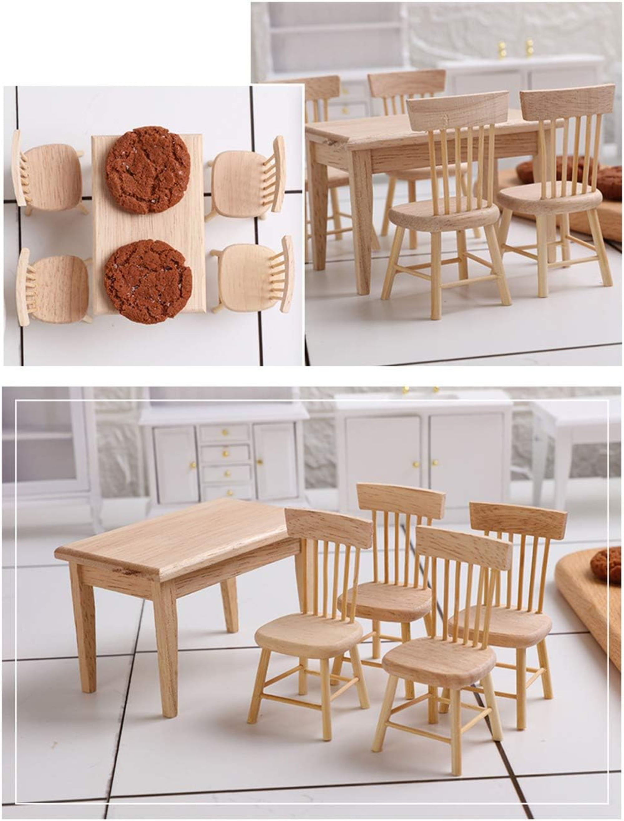 Miniature Wood Table and Chairs Set, 5-Piece 1/12 Scale Dollhouse ...