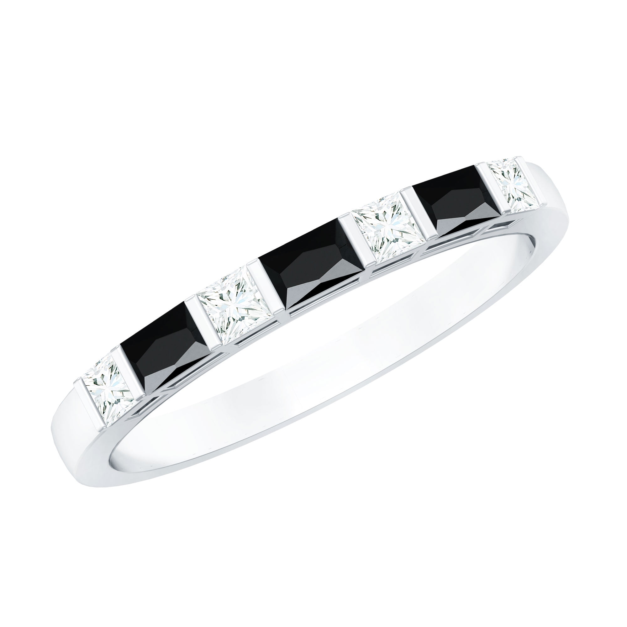 Minimal Band Ring with Baguette Black Onyx and Diamond- AAA Grade, 14K ...