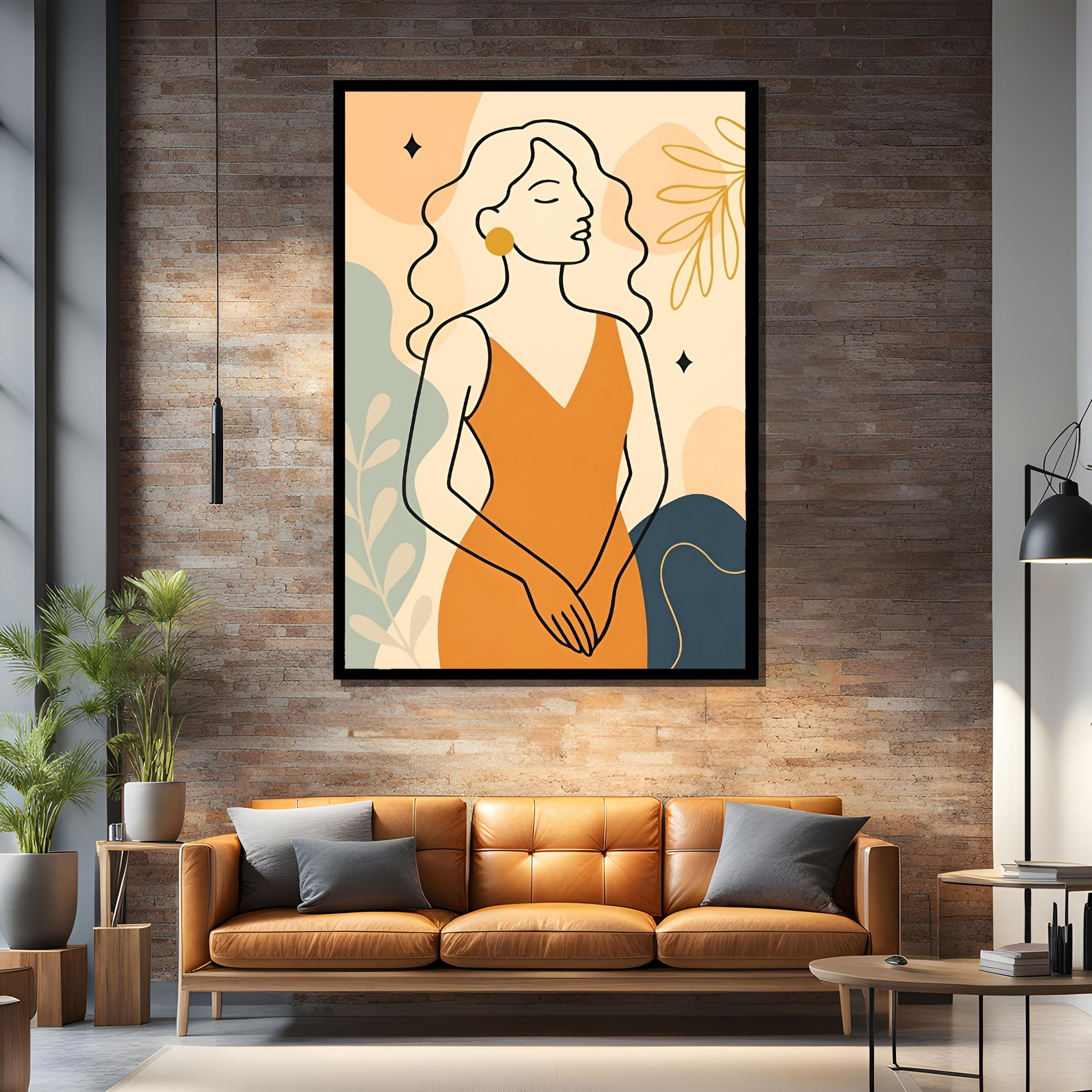 Minimal Line Art Woman In Orange Dress – Or Art Print For Office Wall ...