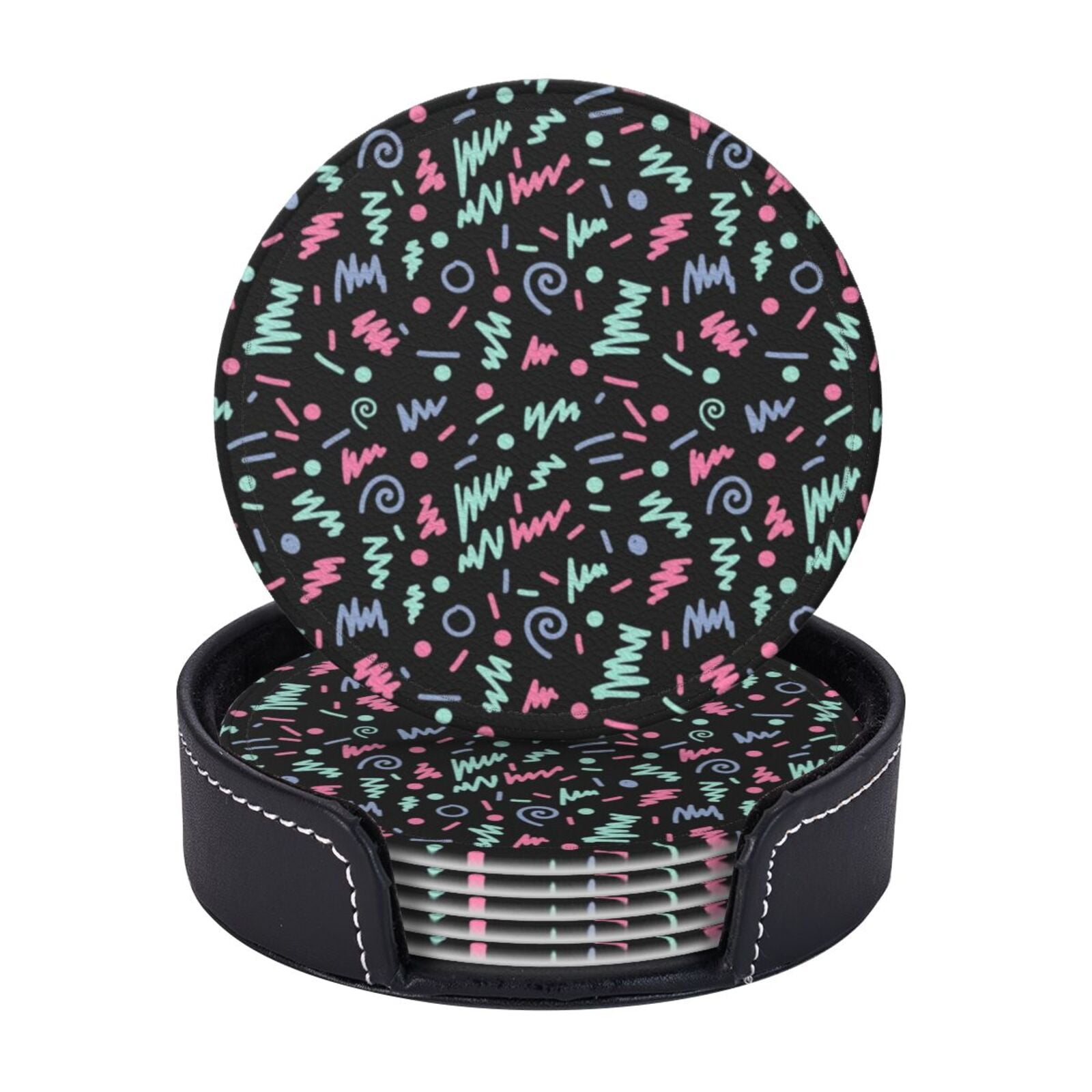 Minimal Memphis 80s Style Pattern Coasters With Leather Holder Set Of 6 ...
