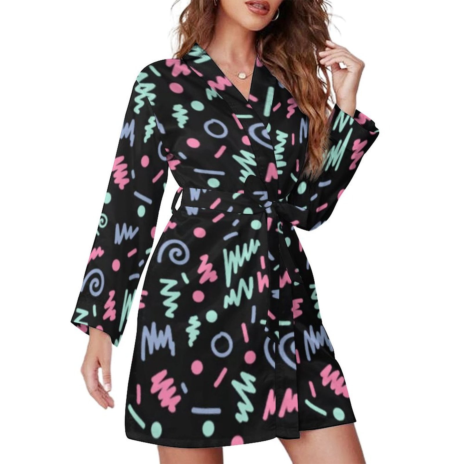 Minimal Memphis 80s Style Pattern Night Robe Long Sleeve V Neck Robe ...