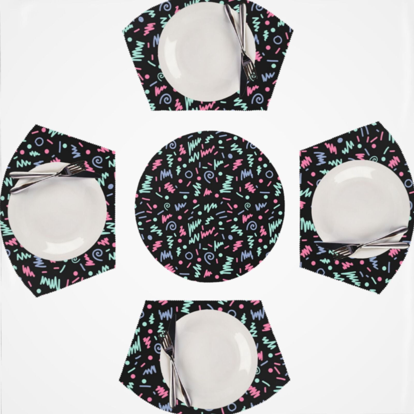 Minimal Memphis 80s Style Pattern Round Table Placemats Set Of 5 Wedge ...