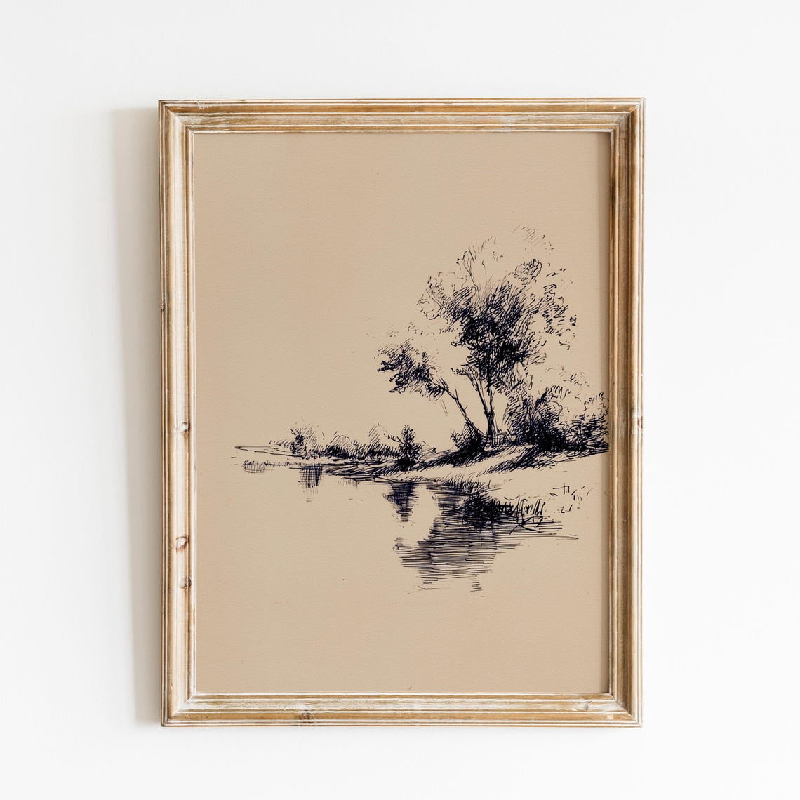 Minimal River Landscape Sketch Vintage Countryside Calm Nature Hand ...