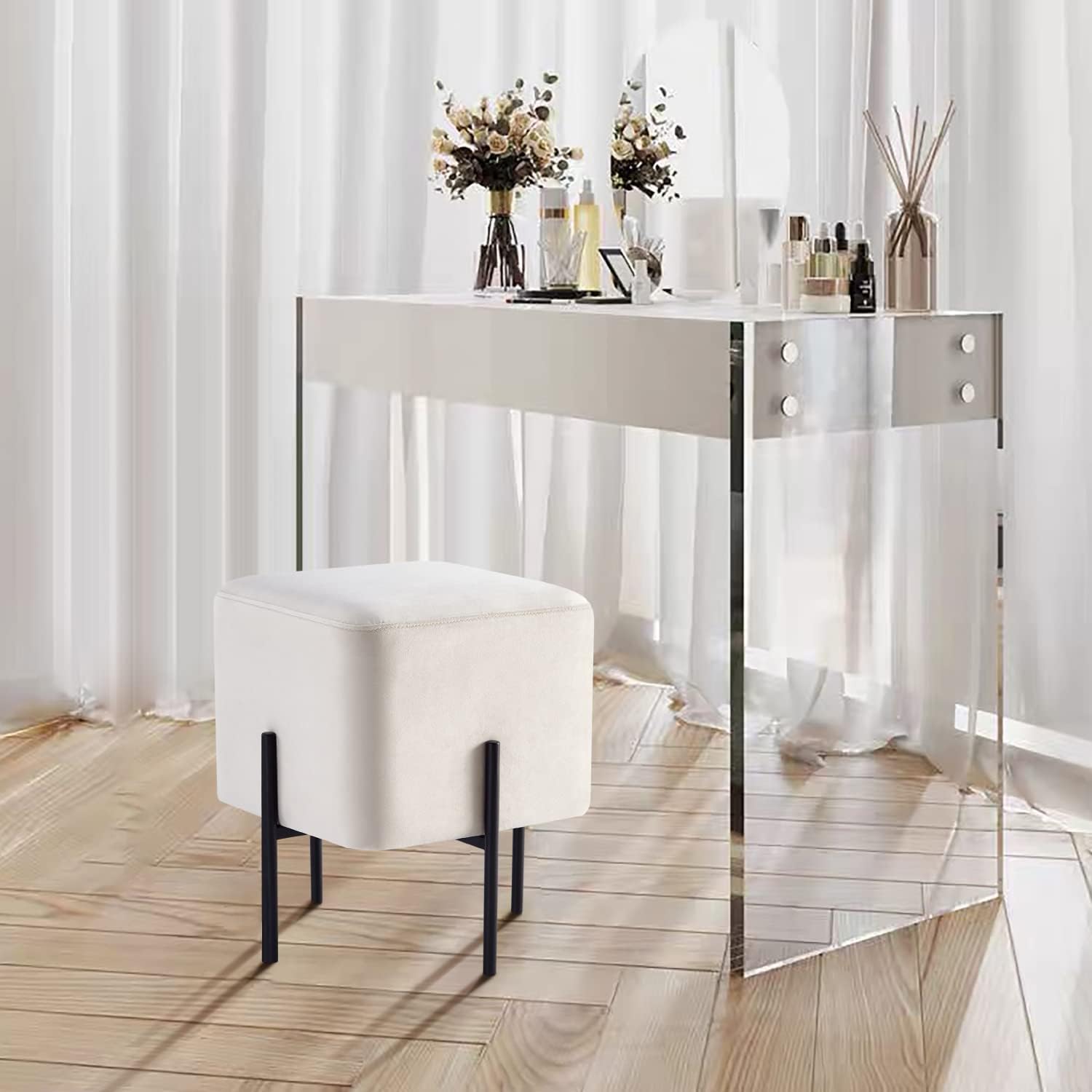 Minimal Room Luxury Black Finish Ottoman Velvet Upholstered Foot Stool ...
