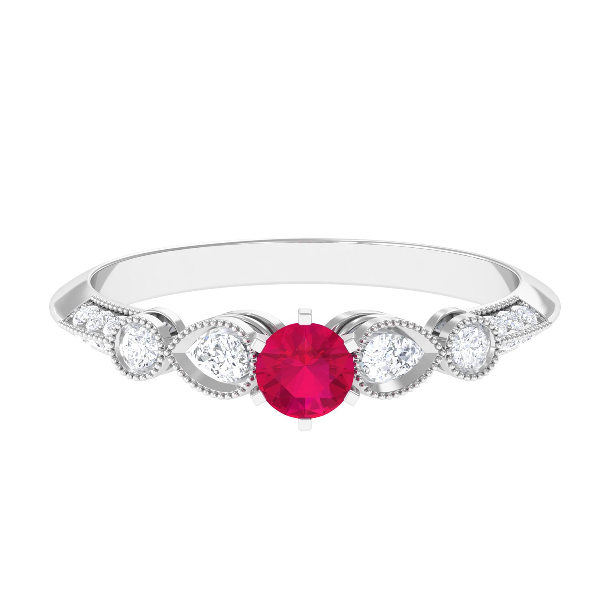 Minimal Ruby Ring with Diamond Side Stones (3/4 CT, AAA Quality, Rosec Jewels), 14K White Gold ...