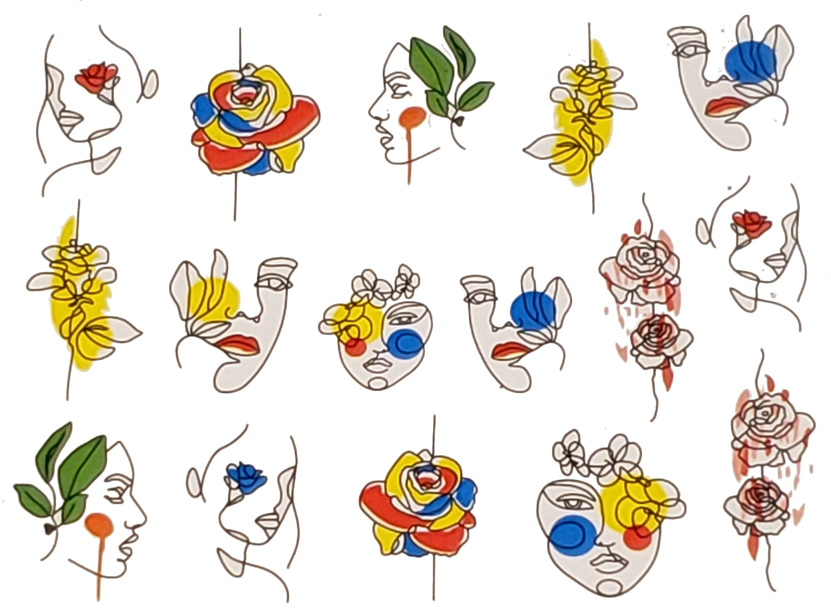 Minimal and colorful abstract faces with flowers nail art water decals ...