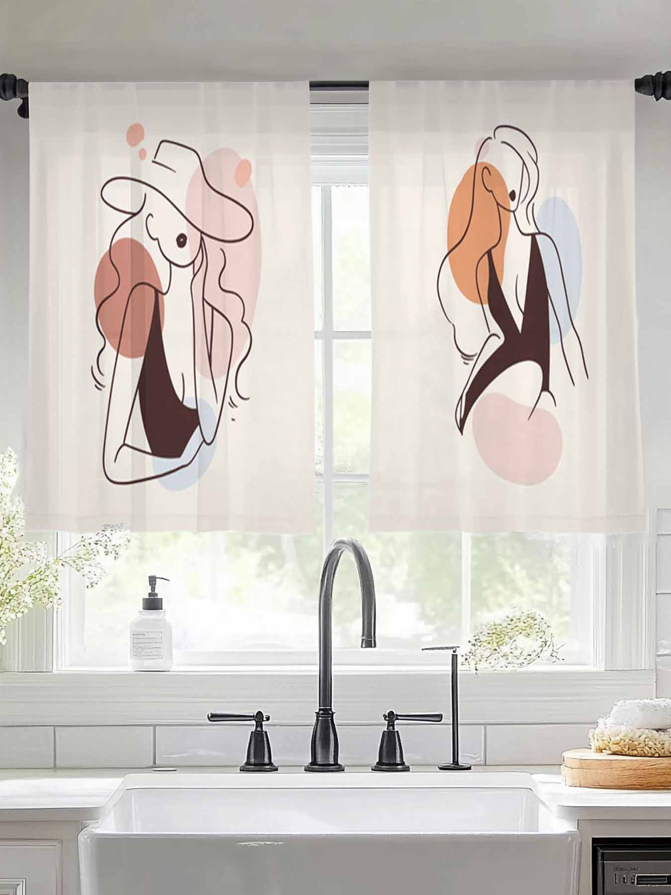Minimalism Abstract Line People Portraits Sheer Curtains 54 Inches Long ...