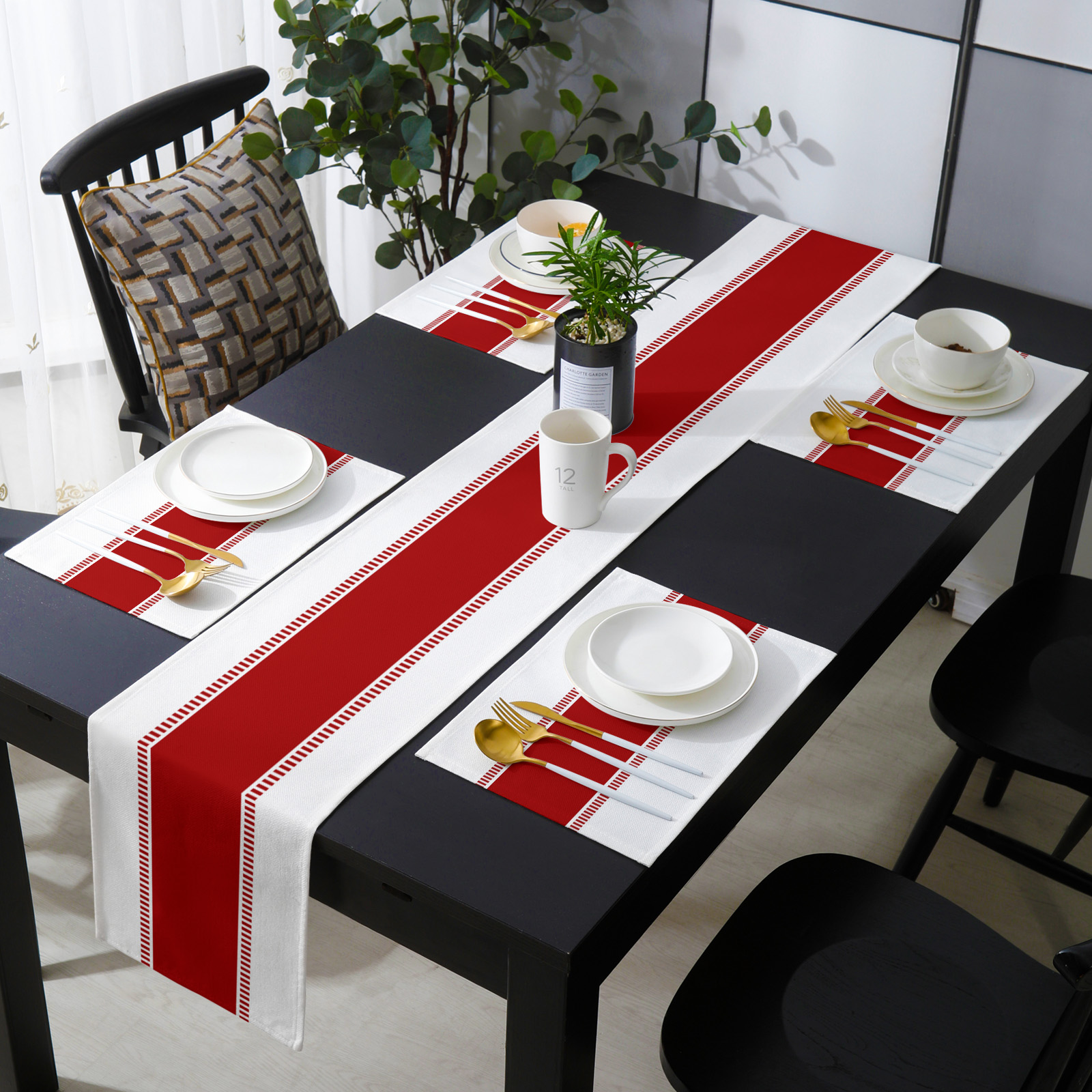 Minimalism Art Placemats Set of 6 with 70 Inches Long Table Runners,Red ...