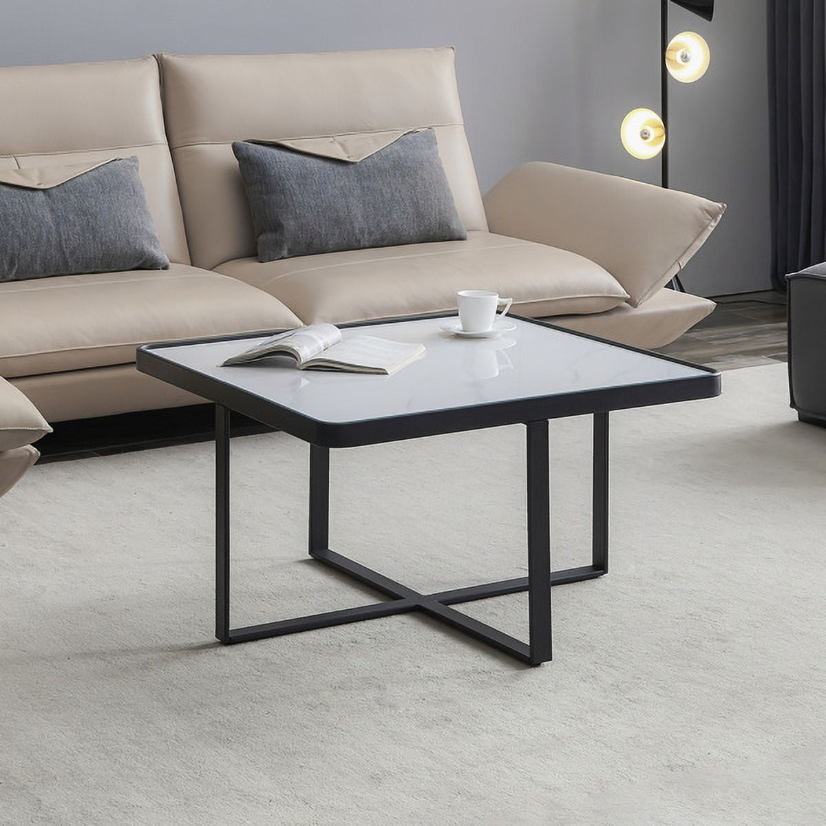 Minimalism Square coffee table,Black metal frame with sintered stone ...
